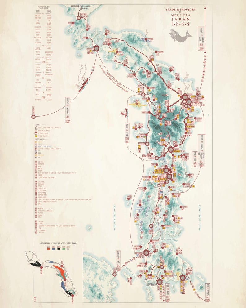 Japan Map of Trade & Industry in Meiji Era - Etsy