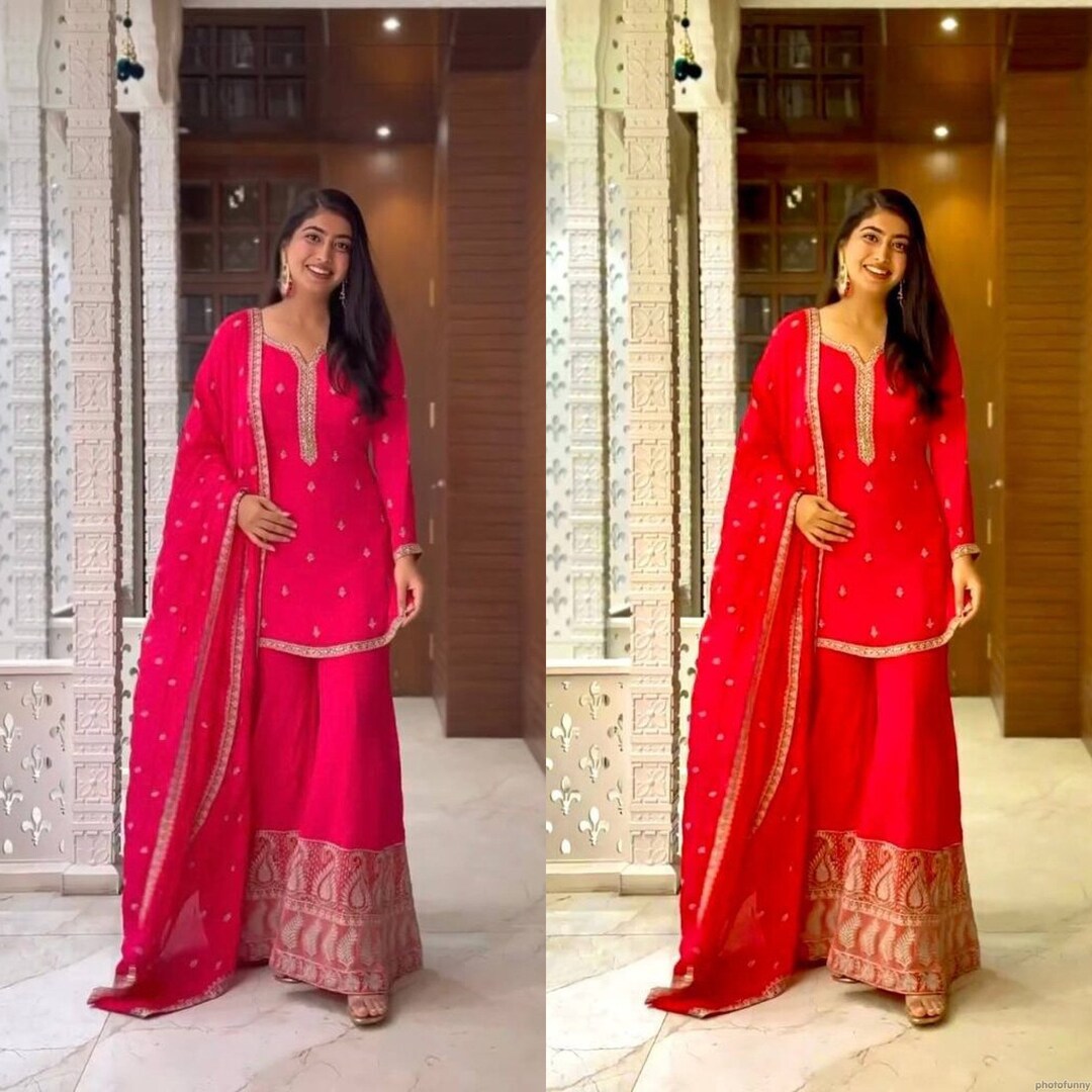 Bright Pink Embroidery Work Readymade Palazzo Salwar Suit - Etsy