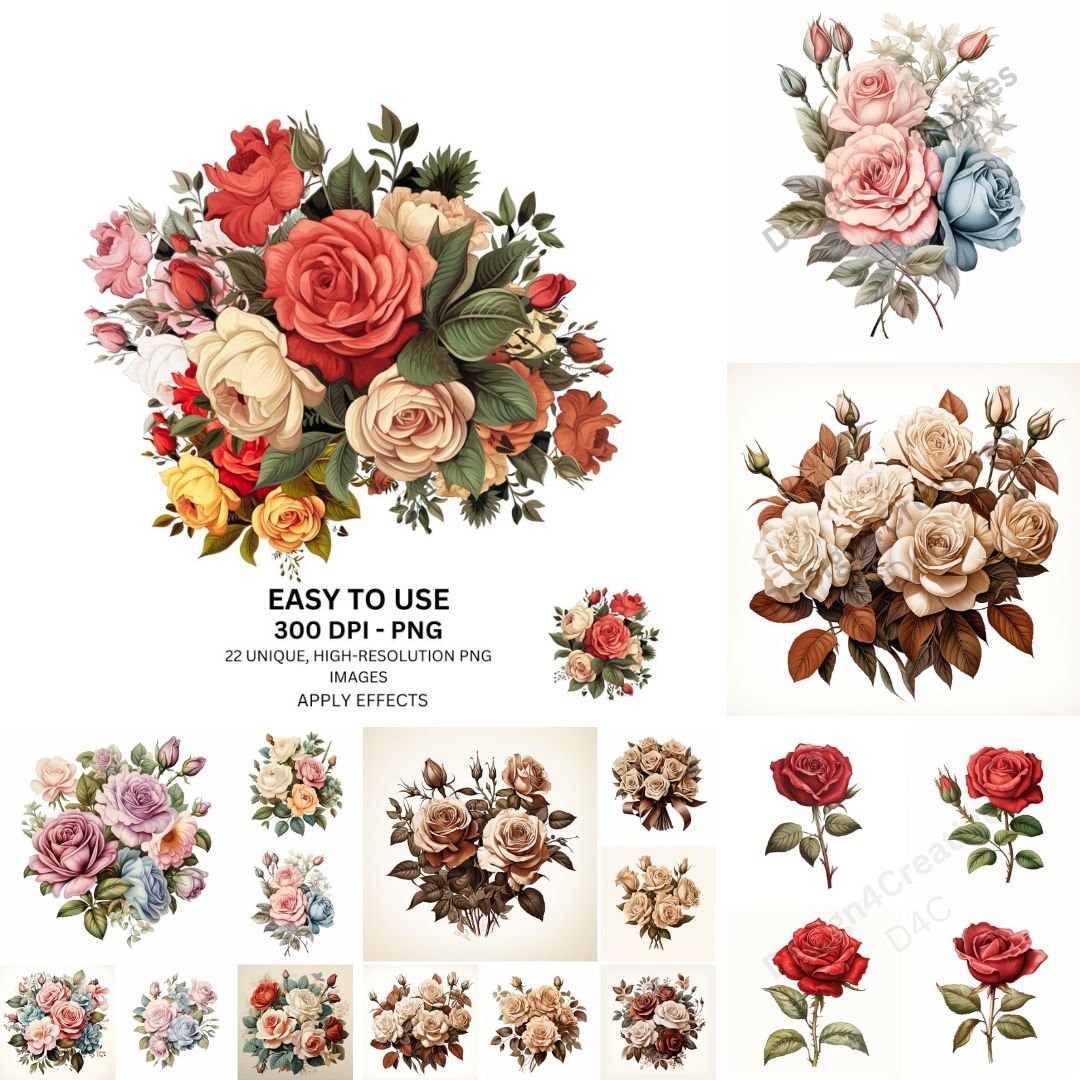 Roses Clipart Bundle Collection PNG 300 DPI Commercial - Etsy