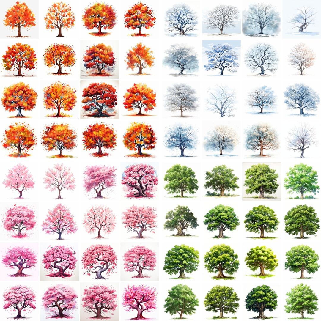 Watercolor Tree Clipart Digital Papers Bundle, Watercolor Seasons Trees ...