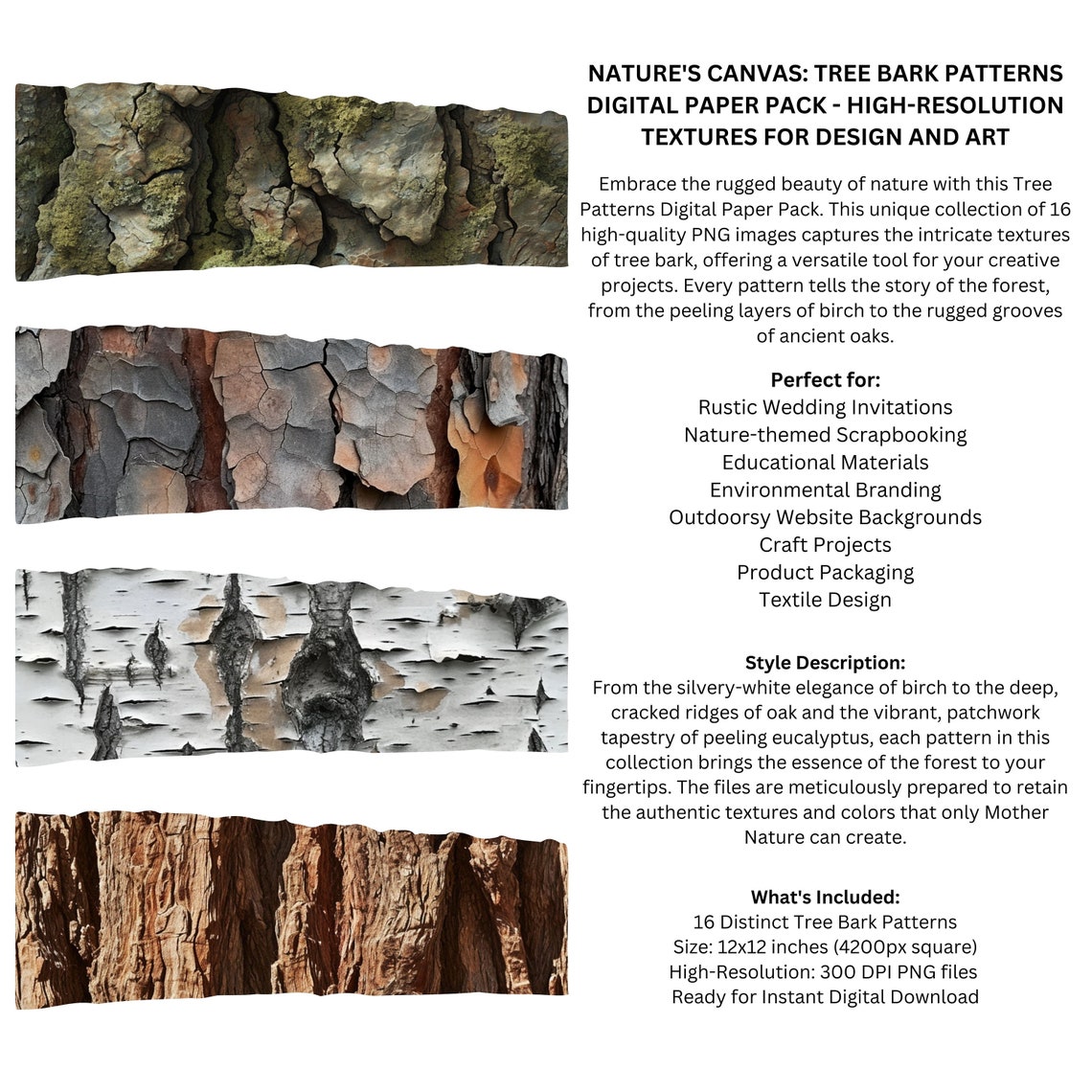 Tree Bark Digital Paper Clipart - 16 High-resolution Textures Patterns ...