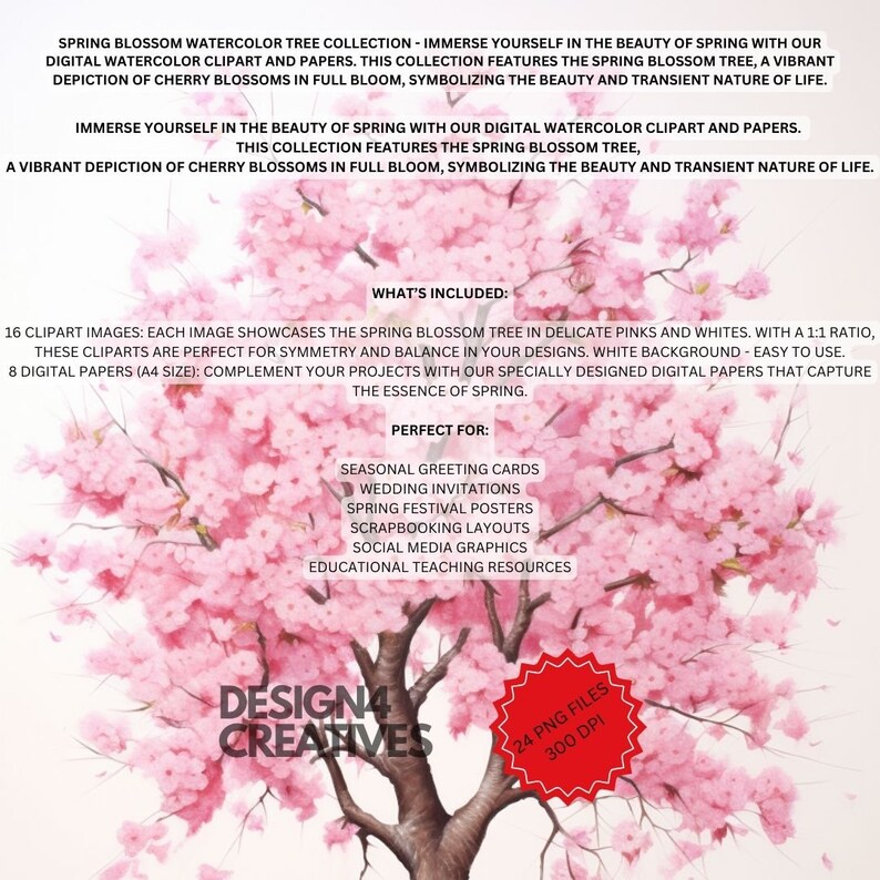 Spring Blossom Watercolor Tree - Clipart & Digital Papers for Spring ...