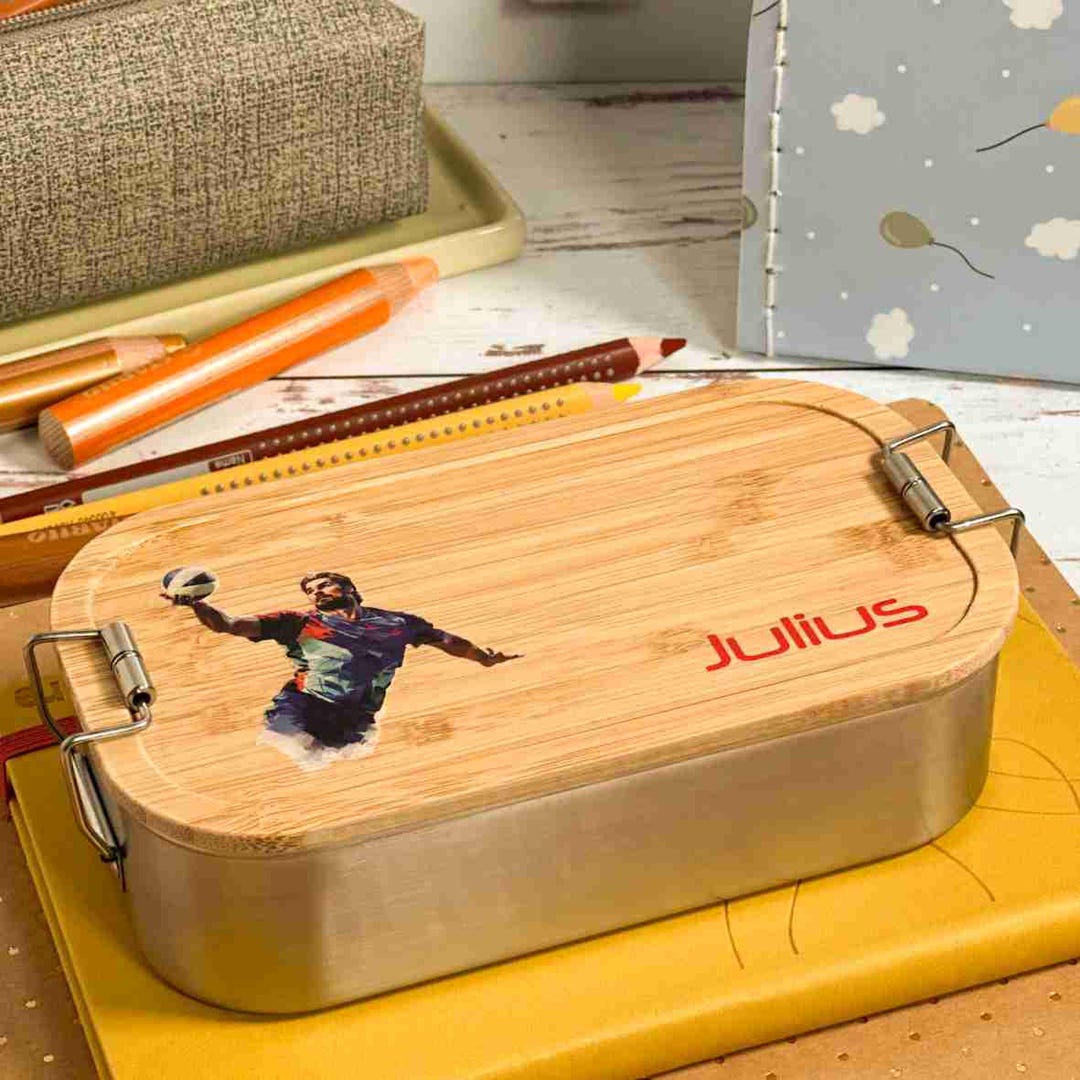 Personalized Lunch Box With Handball Motif - Stainless Steel and Bamboo ...