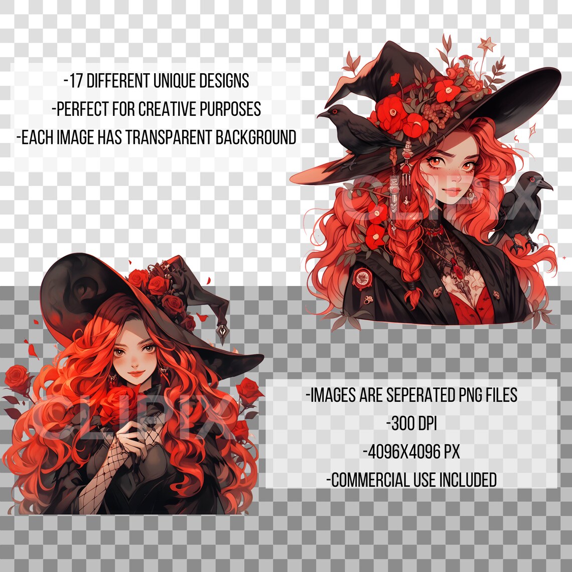 Red Witches Clipart Pack, Red Rose Witches, Fantasy Witch, Mystical ...