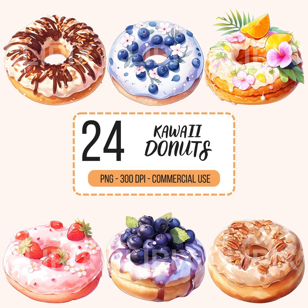Kawaii Donuts Clipart Pack, Cute Donut Clipart, Kawaii Donuts, Donut ...