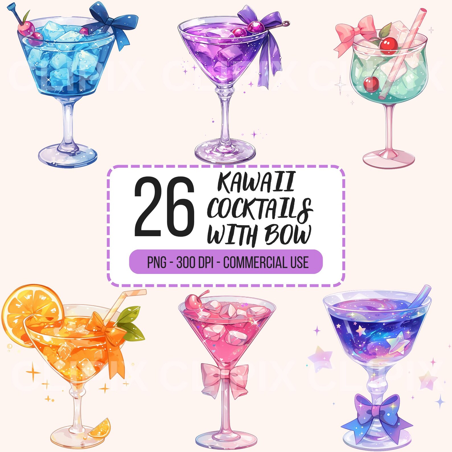Kawaii Cocktails With Bow Clipart Pack, Cocktail Clipart, Kawaii ...