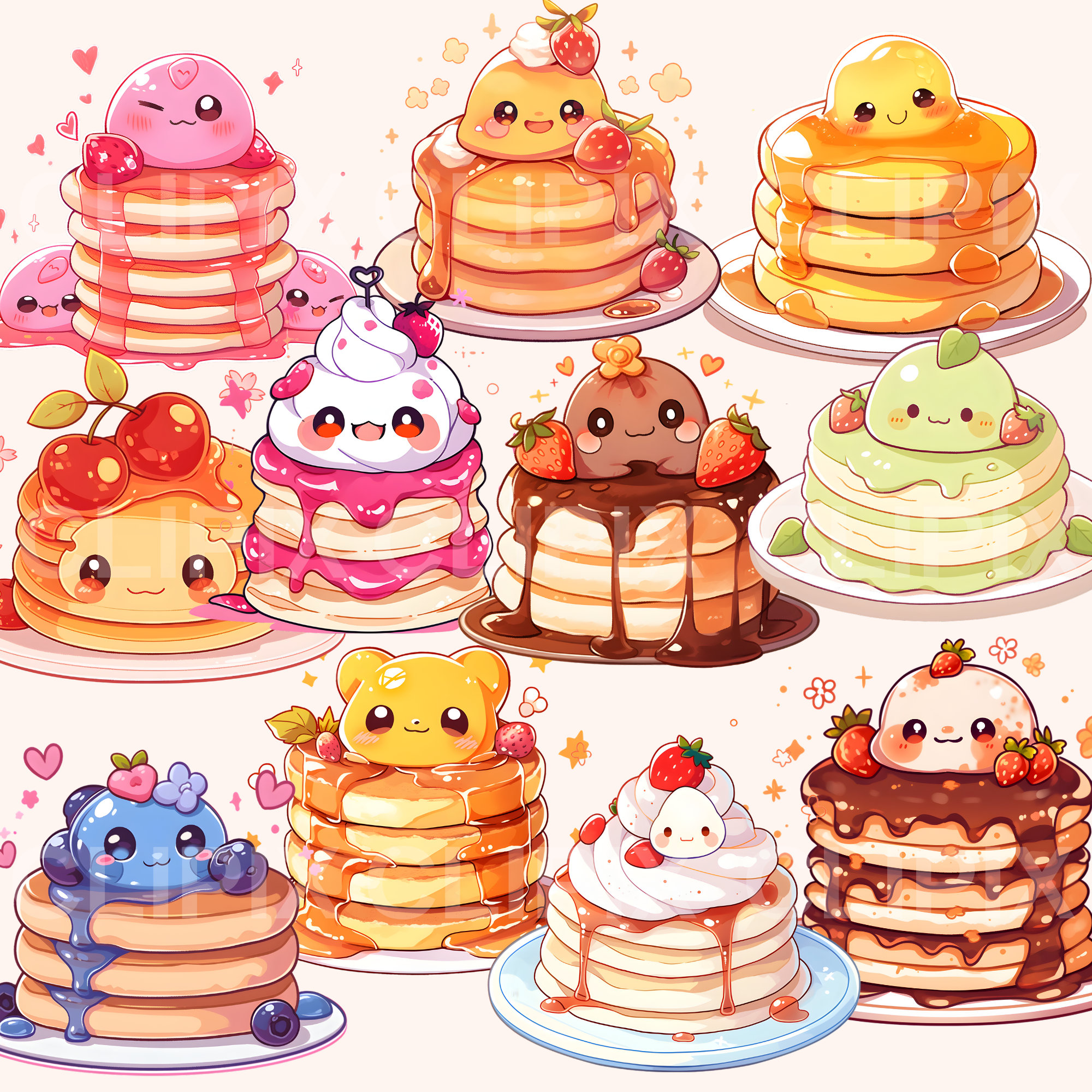 Kawaii Pancakes Clipart Pack, Cute Pancake Clipart, Kawaii Pancakes, Pancake Clipart, Pancake ...