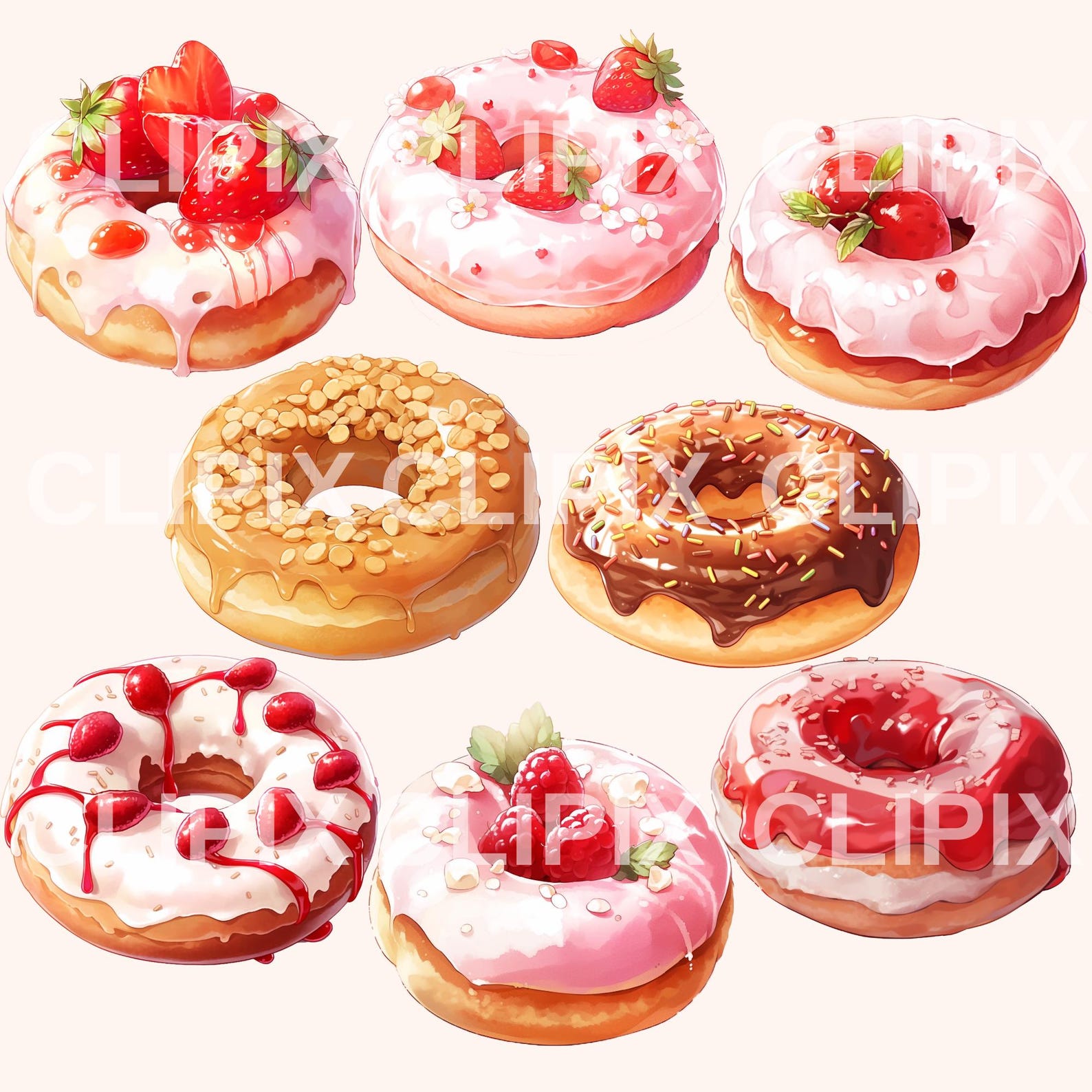 Kawaii Donuts Clipart Pack, Cute Donut Clipart, Kawaii Donuts, Donut ...