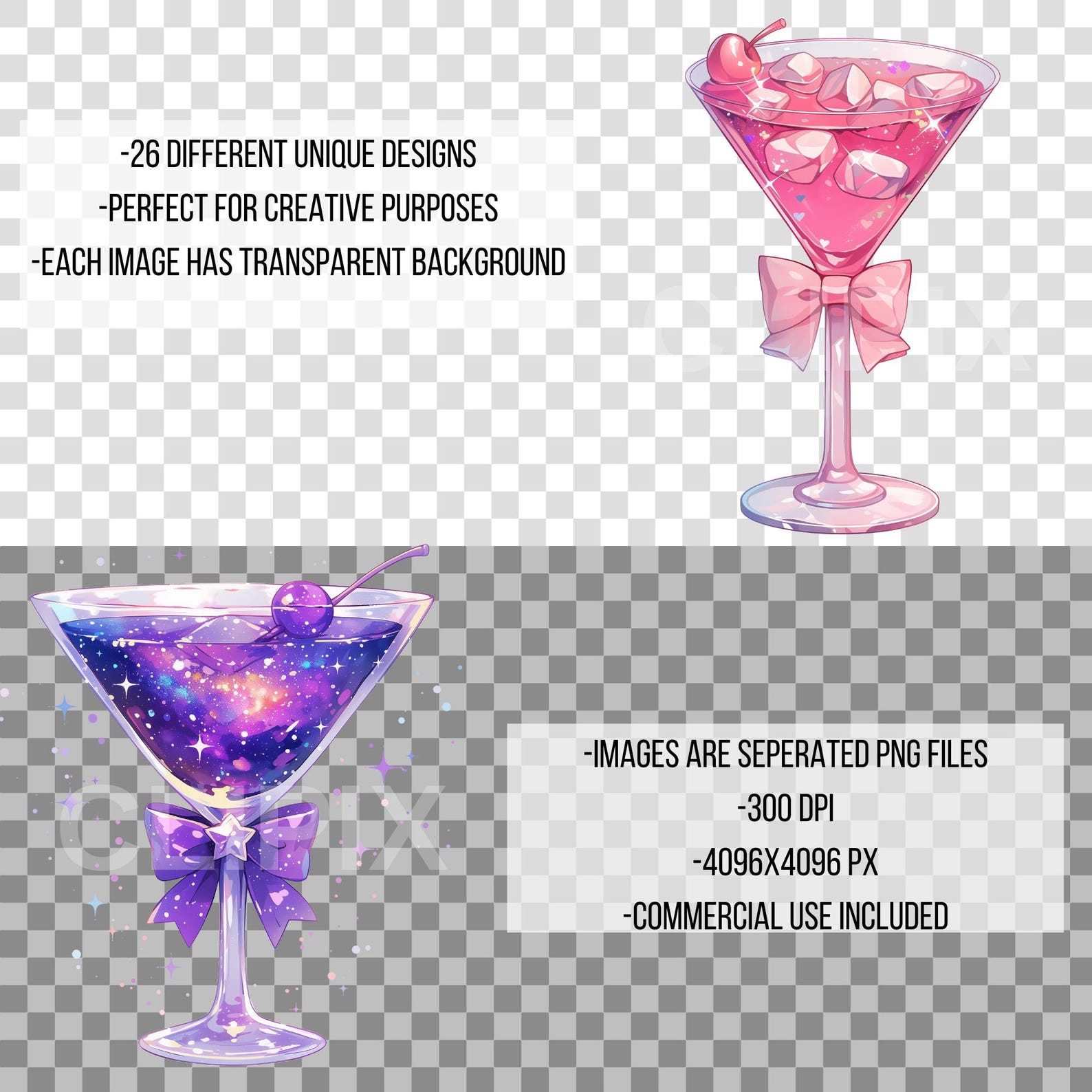 Kawaii Cocktails With Bow Clipart Pack, Cocktail Clipart, Kawaii ...