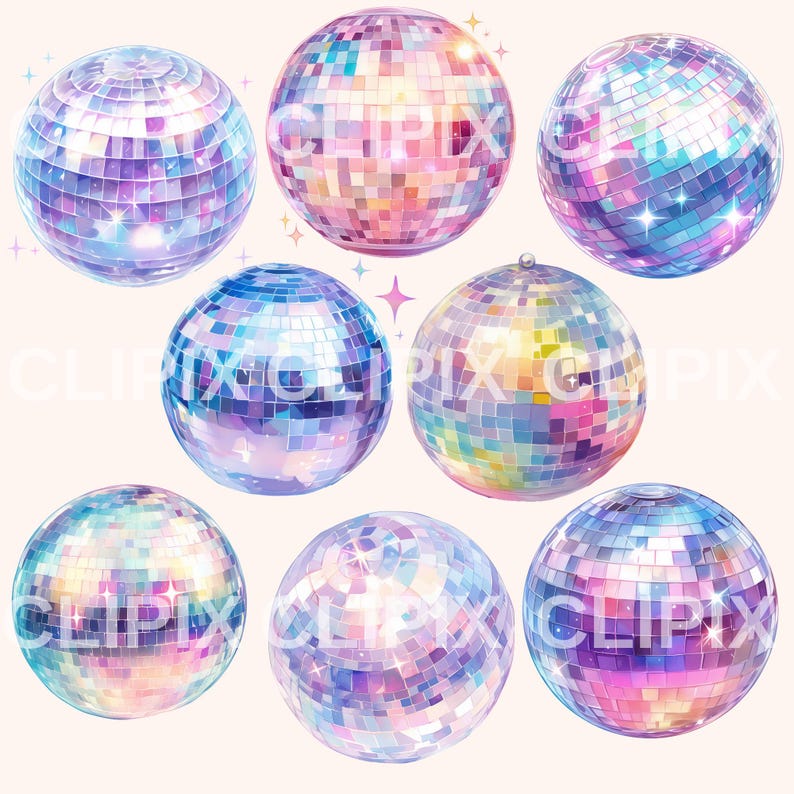 Watercolored Disco Balls Clipart Pack, Disco Ball Clipart, Pastel ...
