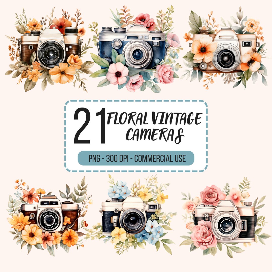 21 Floral Vintage Cameras Clipart Pack, Camera Clipart, Camera Pngs ...