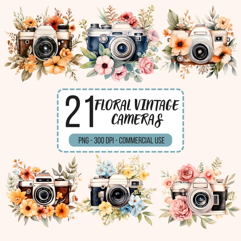 21 Floral Vintage Cameras Clipart Pack, Camera Clipart, Camera Pngs ...