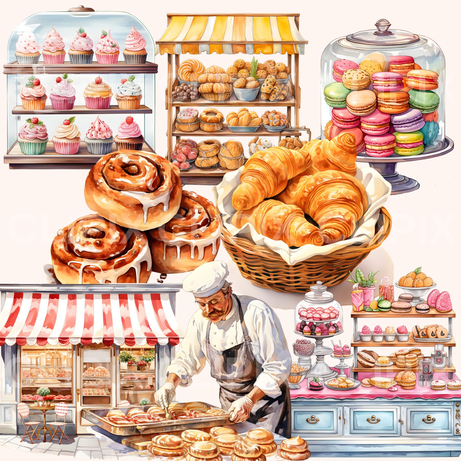 Watercolored Bakery Shop Clipart Pack, Bakery Clipart, Desserts Clipart ...