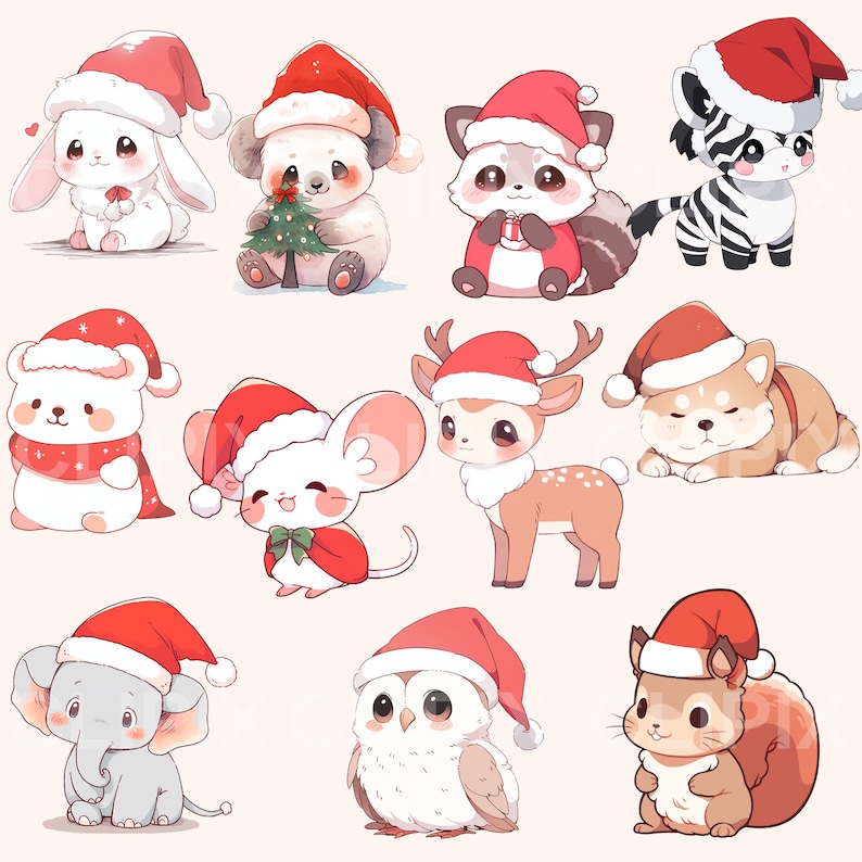 44 Kawaii Christmas Animals Clipart Pack Cute Animals - Etsy