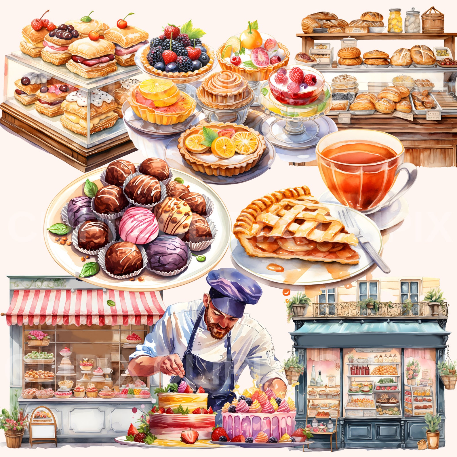 Watercolored Bakery Shop Clipart Pack, Bakery Clipart, Desserts Clipart ...