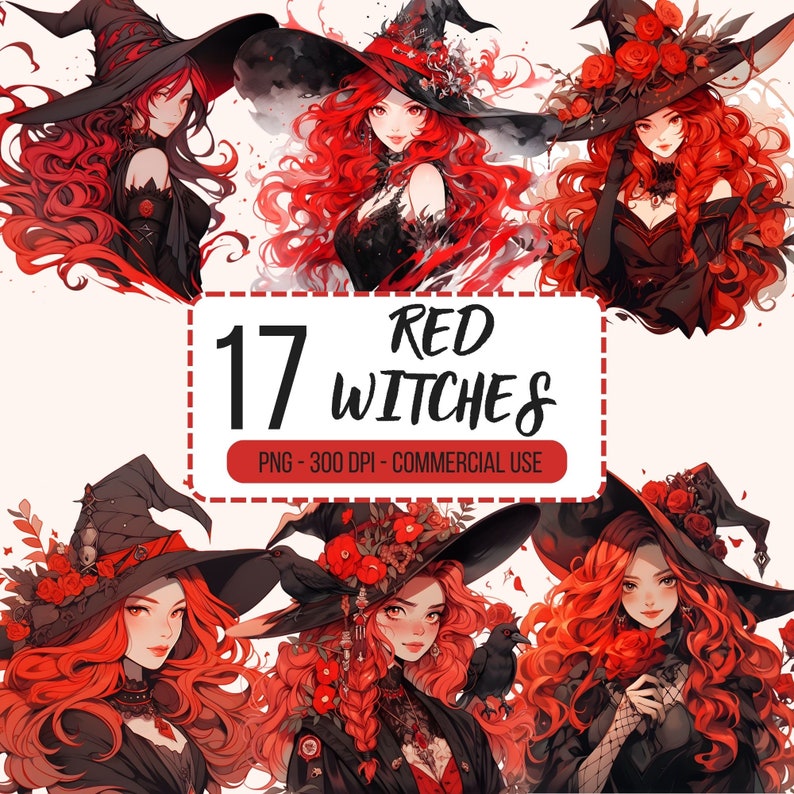 Red Witches Clipart Pack, Red Rose Witches, Fantasy Witch, Mystical ...