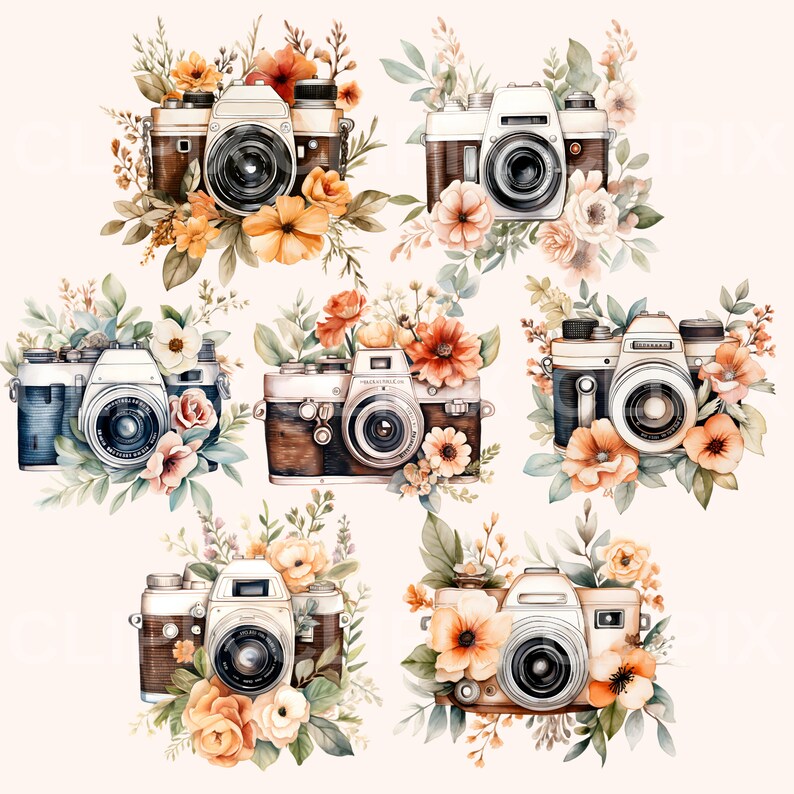21 Floral Vintage Cameras Clipart Pack, Camera Clipart, Camera Pngs ...