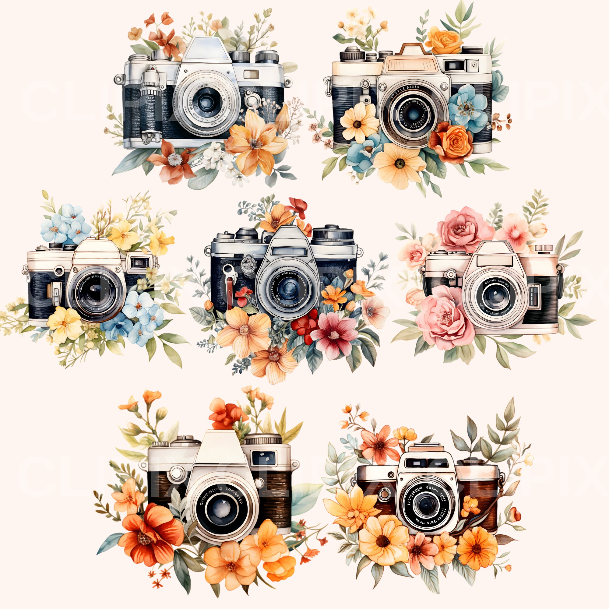 21 Floral Vintage Cameras Clipart Pack, Camera Clipart, Camera Pngs ...