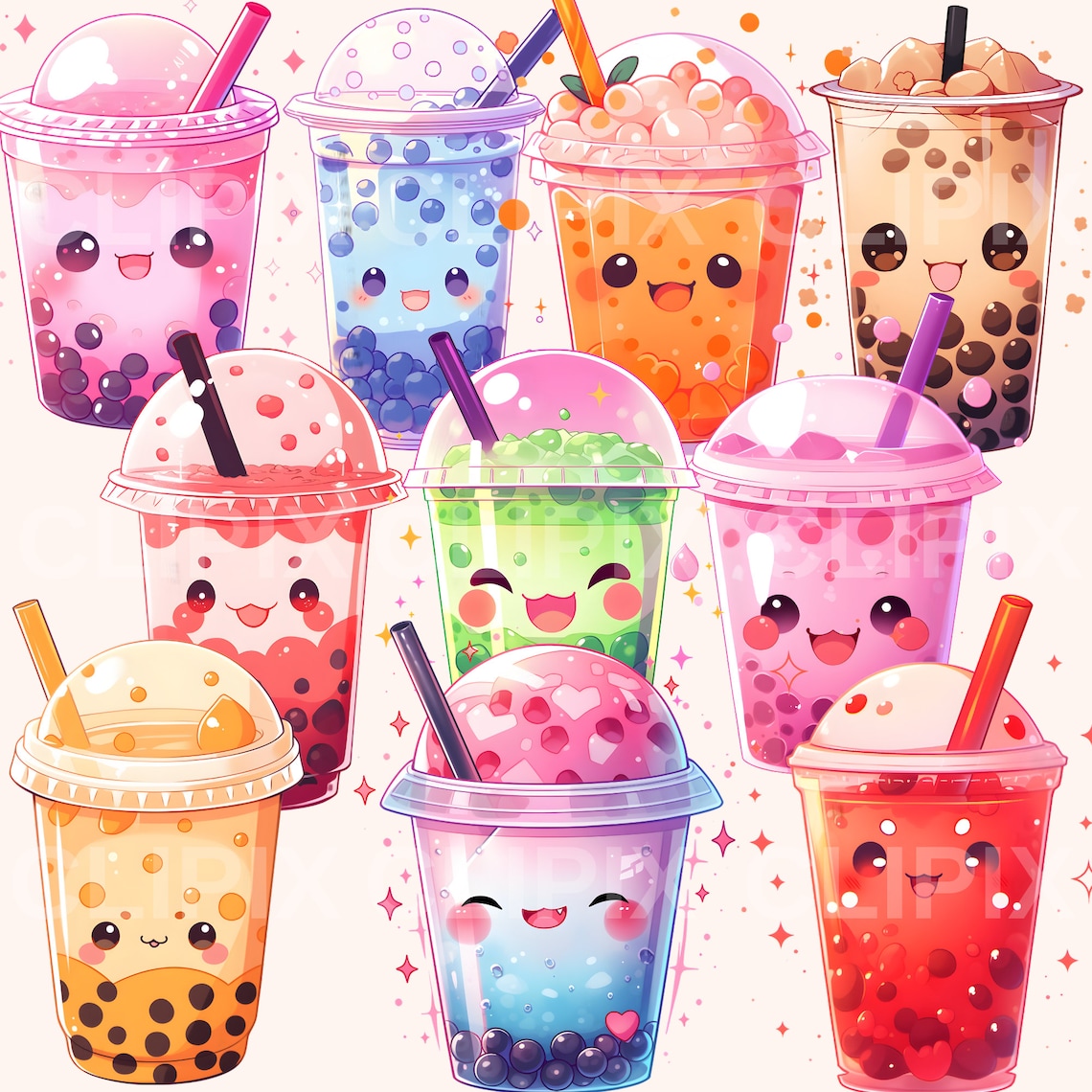 Kawaii Boba Tea Clipart Pack , Bubble Tea Clipart , Cute Bubble Tea ...