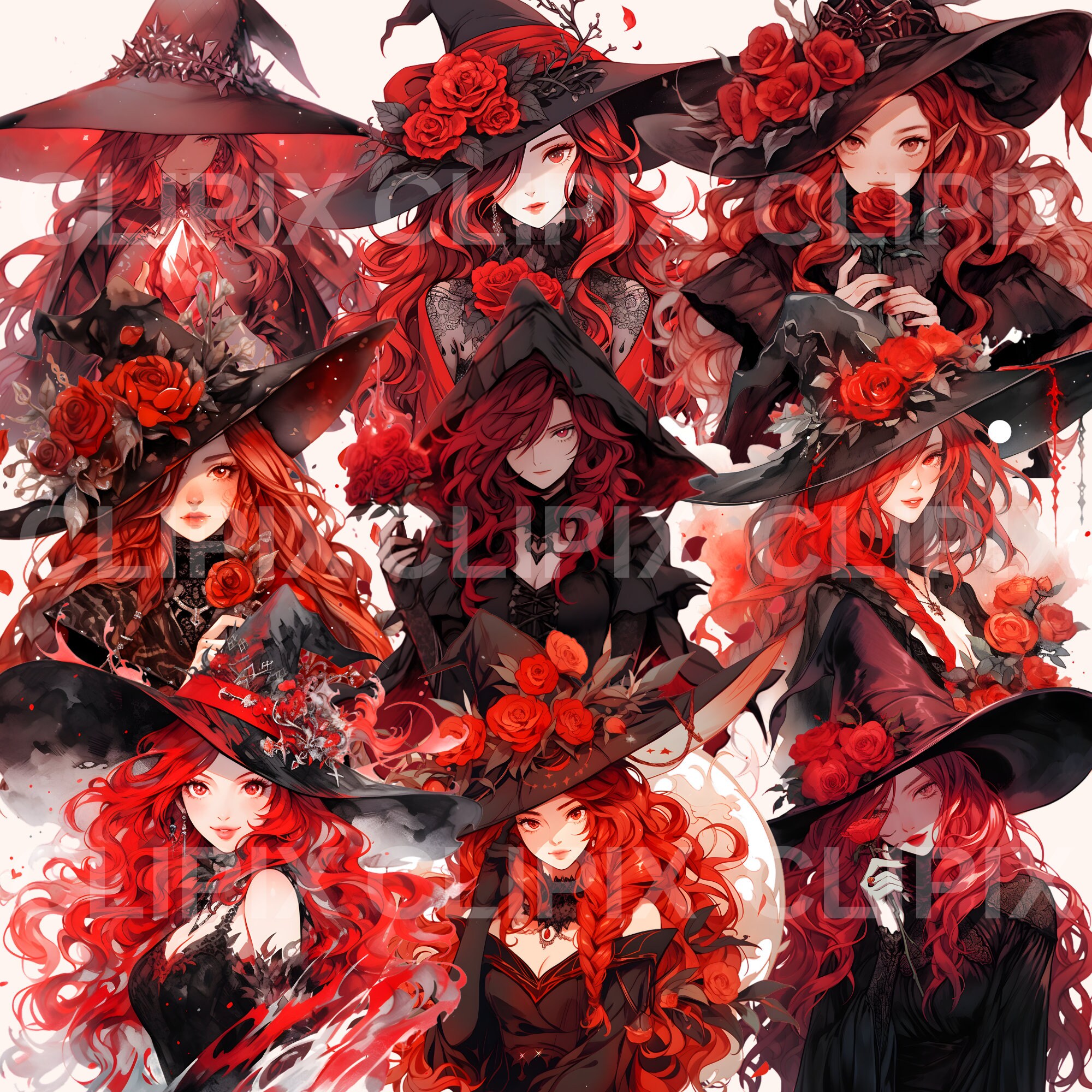 Red Witches Clipart Pack, Red Rose Witches, Fantasy Witch, Mystical ...