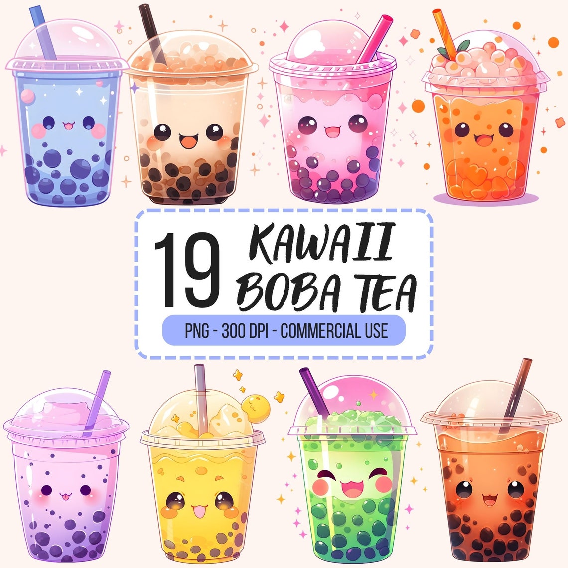Kawaii Boba Tea Clipart Pack , Bubble Tea Clipart , Cute Bubble Tea ...