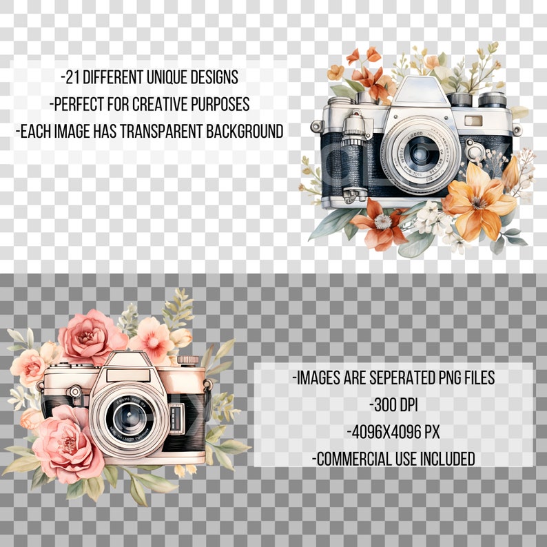 21 Floral Vintage Cameras Clipart Pack, Camera Clipart, Camera Pngs ...