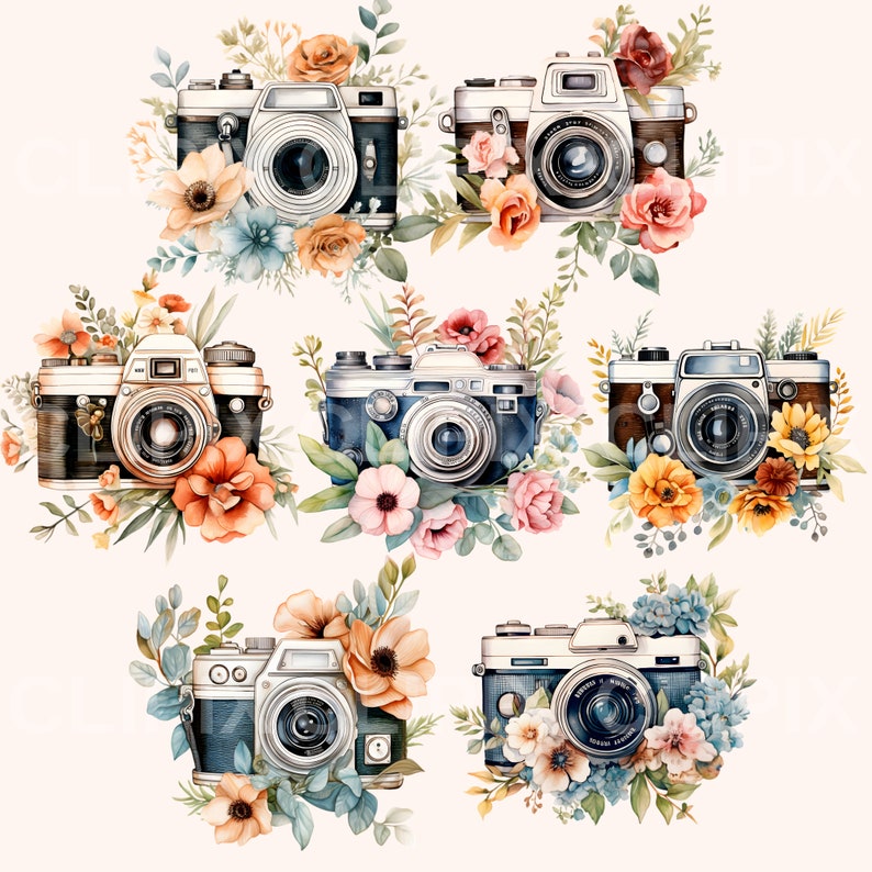 21 Floral Vintage Cameras Clipart Pack, Camera Clipart, Camera Pngs ...