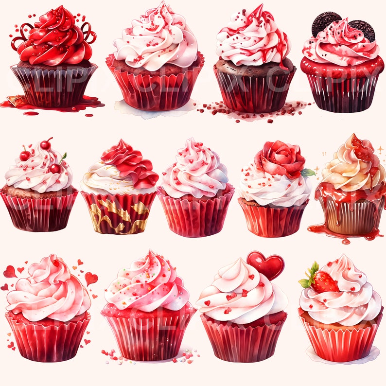 Red Velvet Cupcake Clipart Pack, Cupcake Clipart, Red Velvet Cake ...