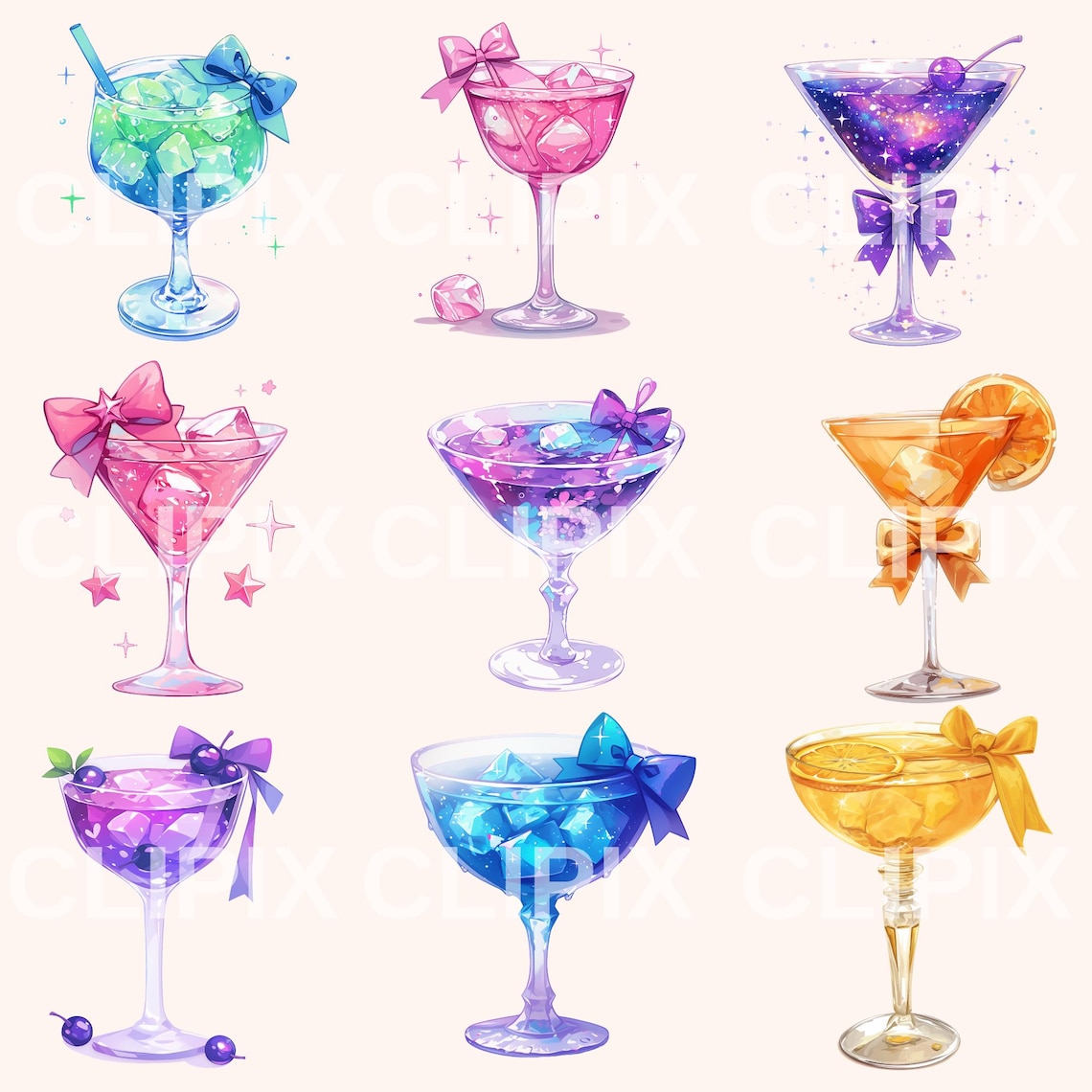 Kawaii Cocktails With Bow Clipart Pack, Cocktail Clipart, Kawaii ...