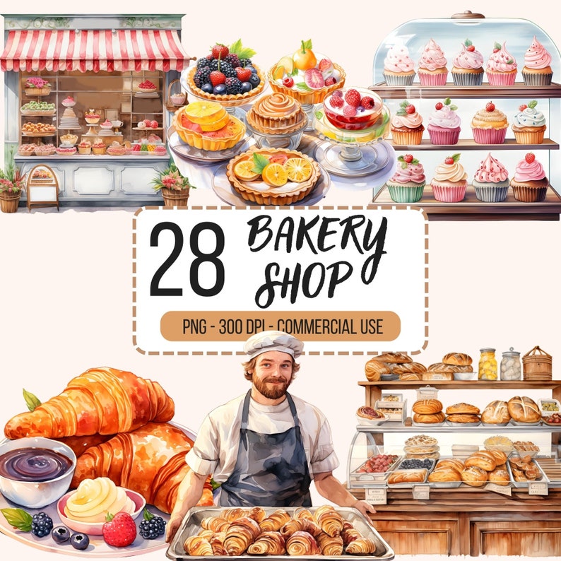 Watercolored Bakery Shop Clipart Pack, Bakery Clipart, Desserts Clipart ...
