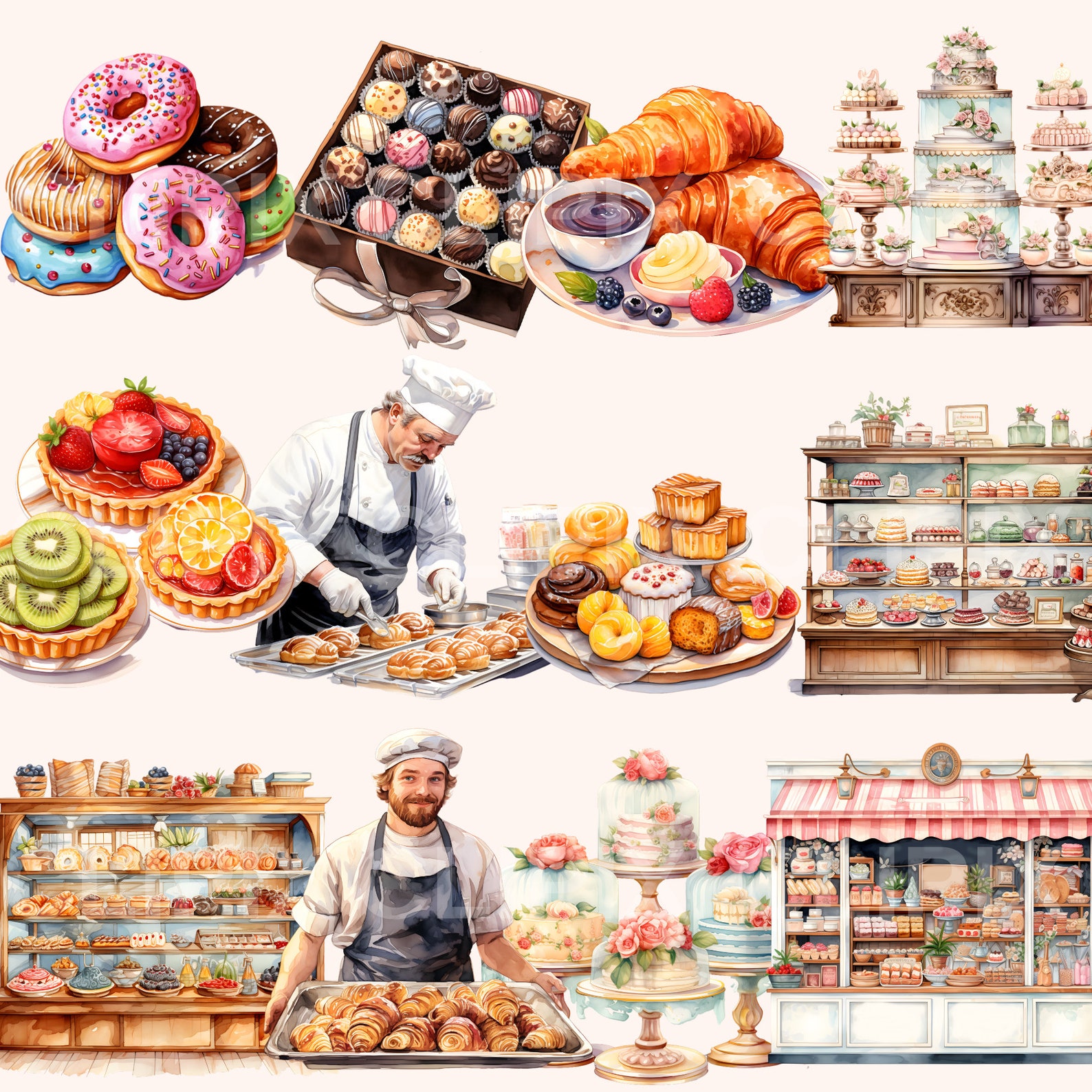 Watercolored Bakery Shop Clipart Pack, Bakery Clipart, Desserts Clipart ...