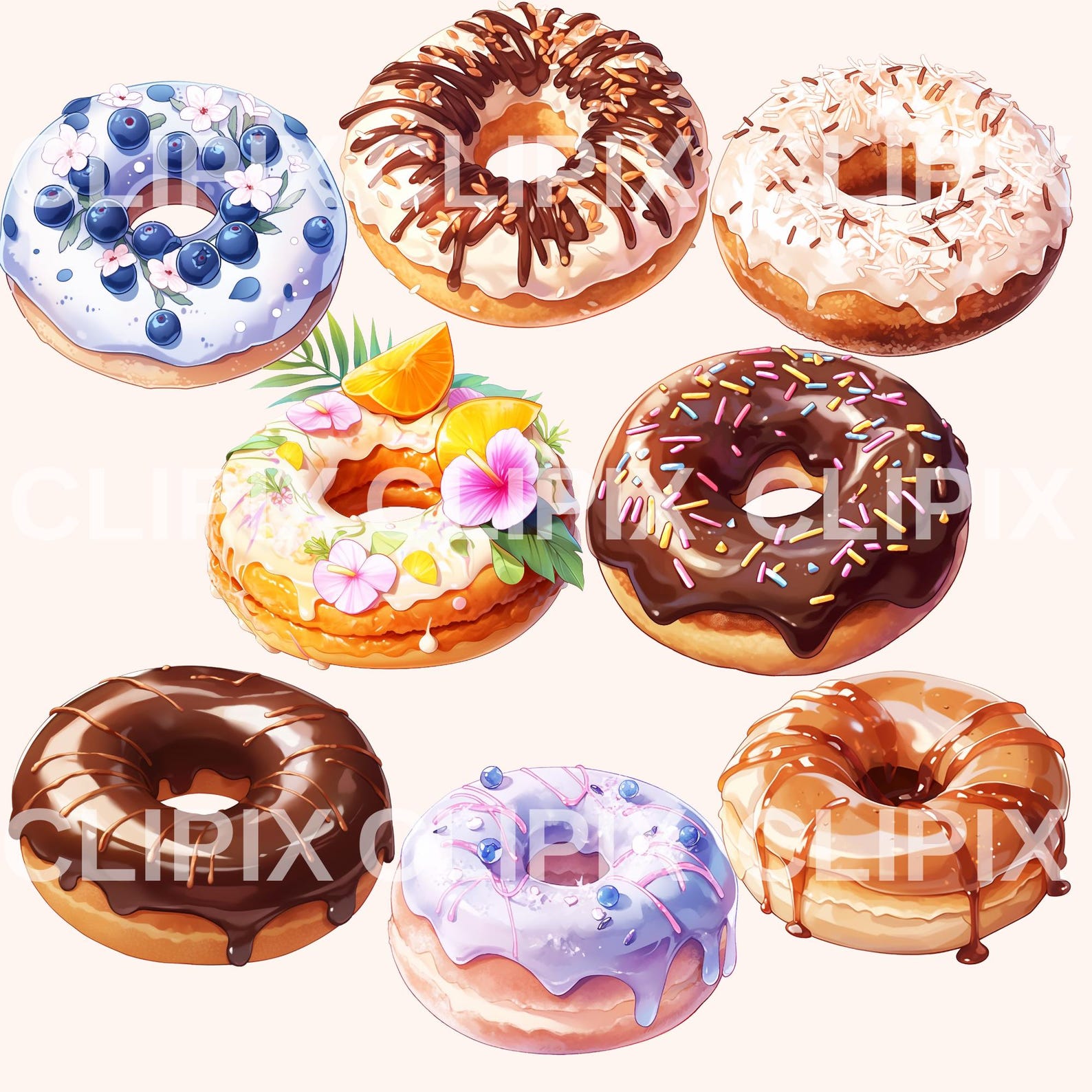 Kawaii Donuts Clipart Pack, Cute Donut Clipart, Kawaii Donuts, Donut ...