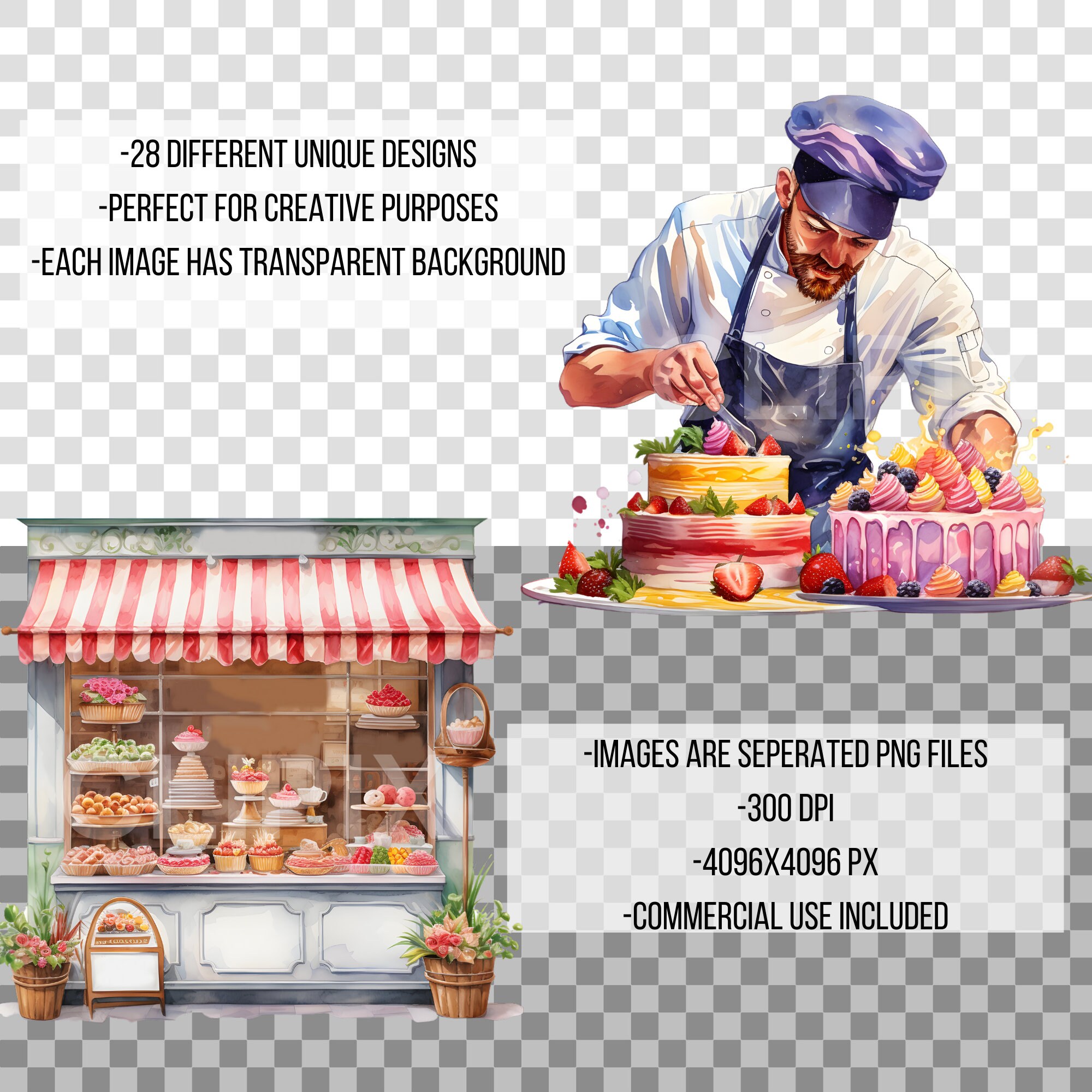 Watercolored Bakery Shop Clipart Pack, Bakery Clipart, Desserts Clipart ...