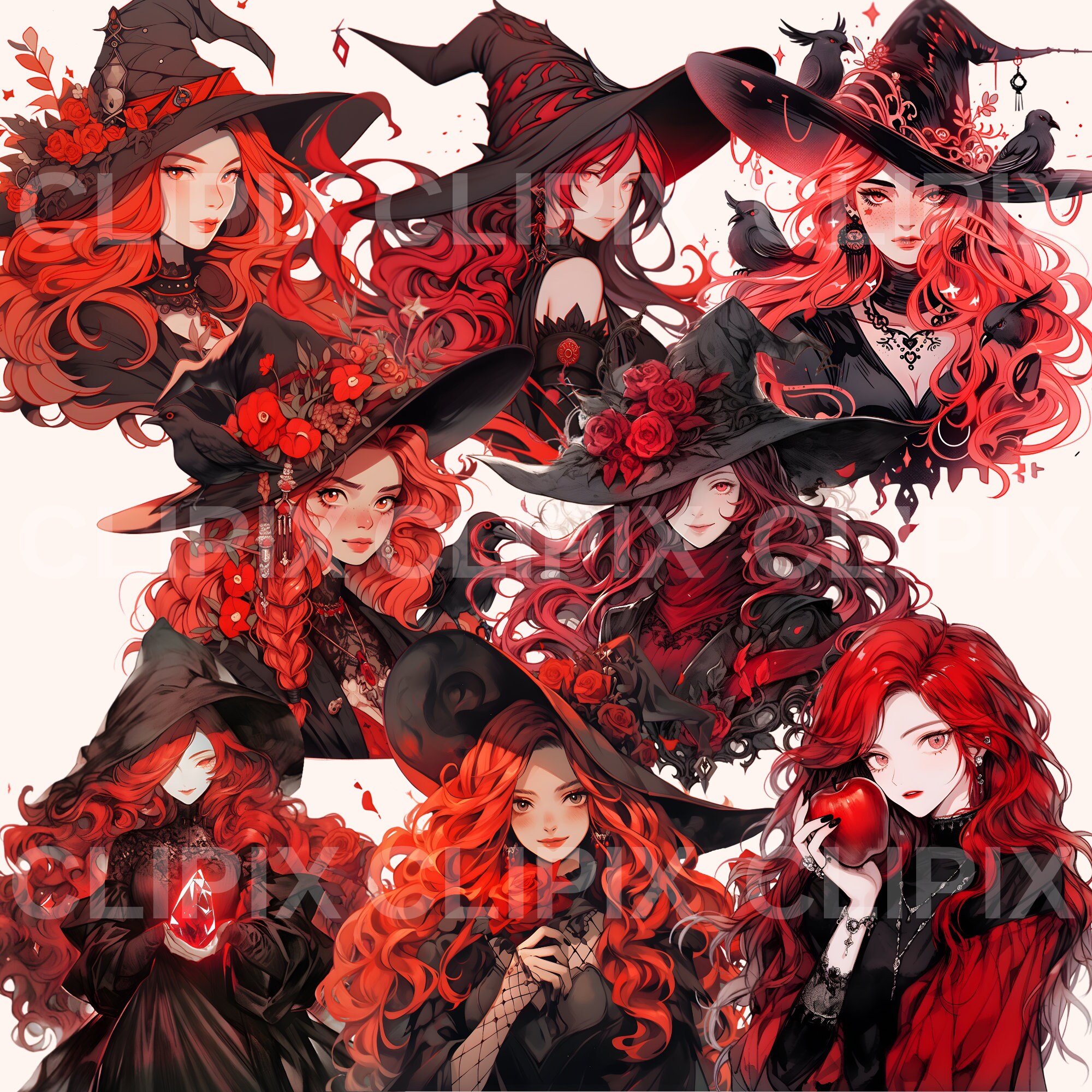 Red Witches Clipart Pack, Red Rose Witches, Fantasy Witch, Mystical ...