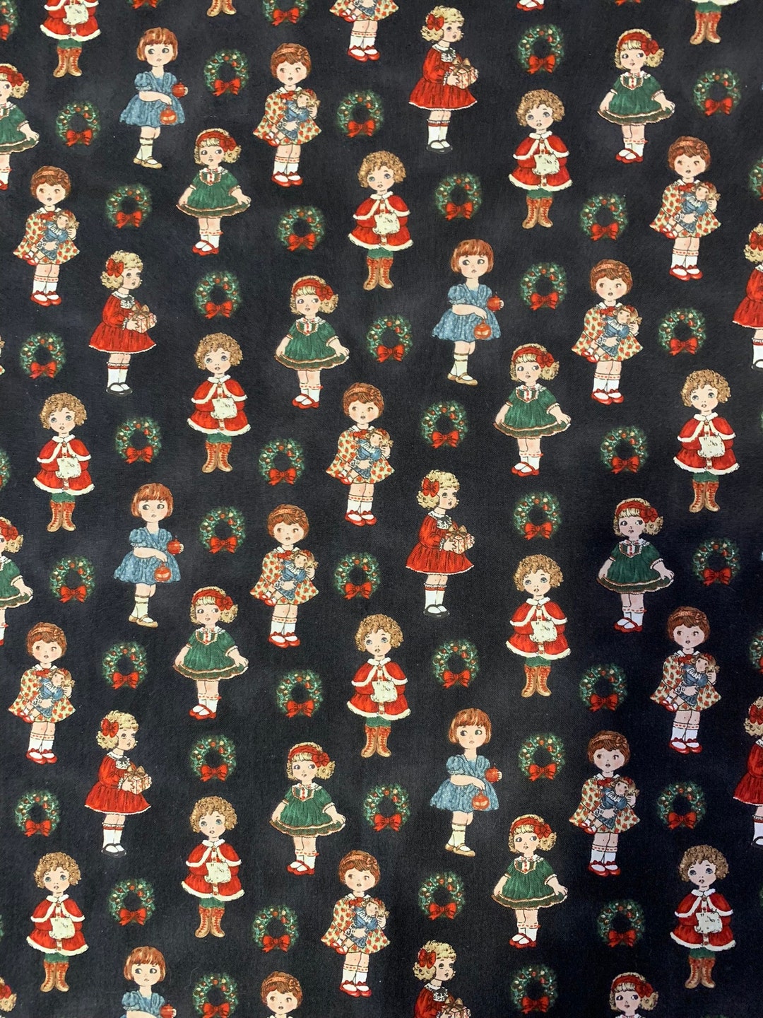 Windham Paper Doll Christmas Paper Dolls on Black Background 3/4 Yard ...
