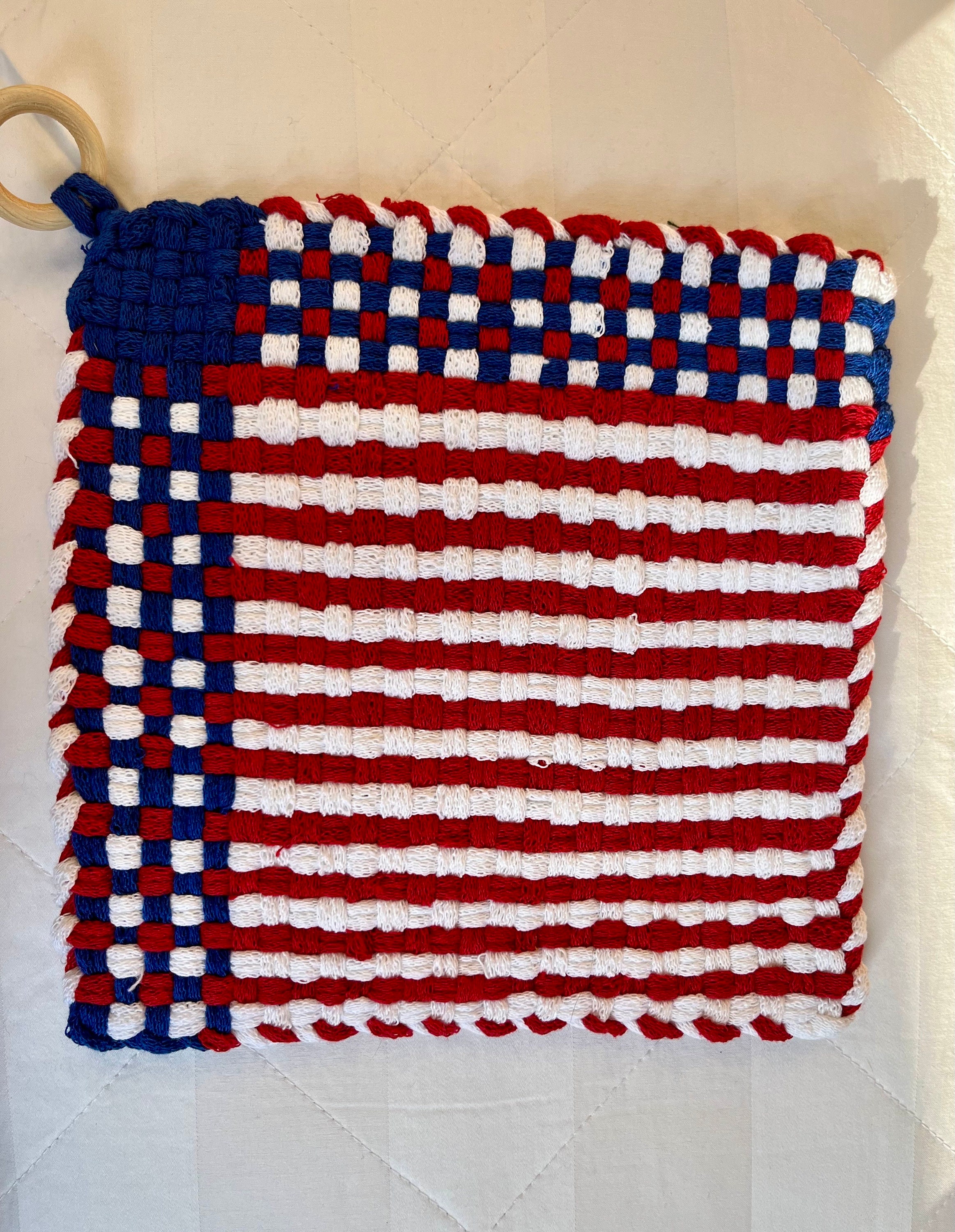 Thick Loom Potholder: Red, White & Blue Cotton Trivet With Wooden Ring ...