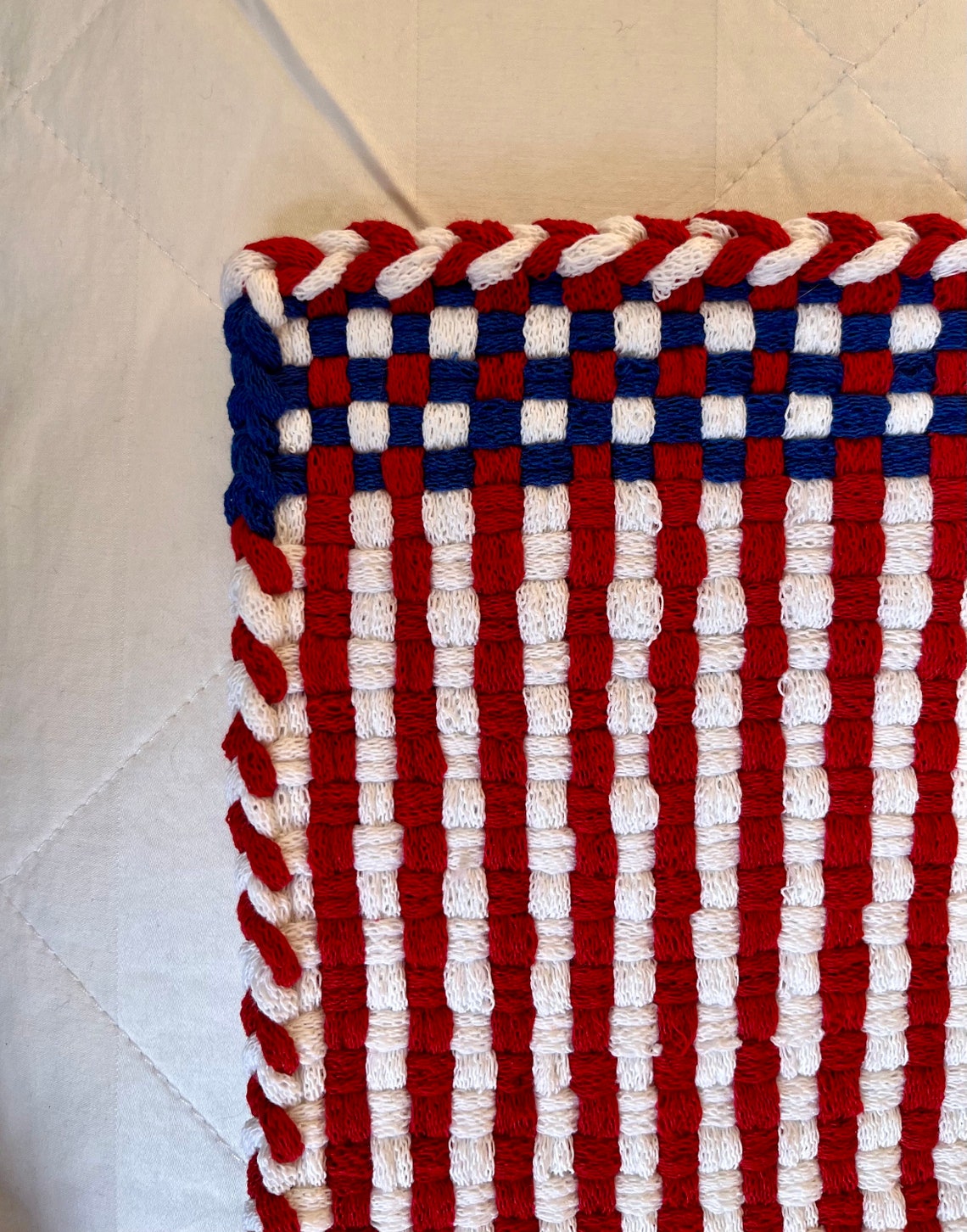 Thick Loom Potholder: Red, White & Blue Cotton Trivet With Wooden Ring ...