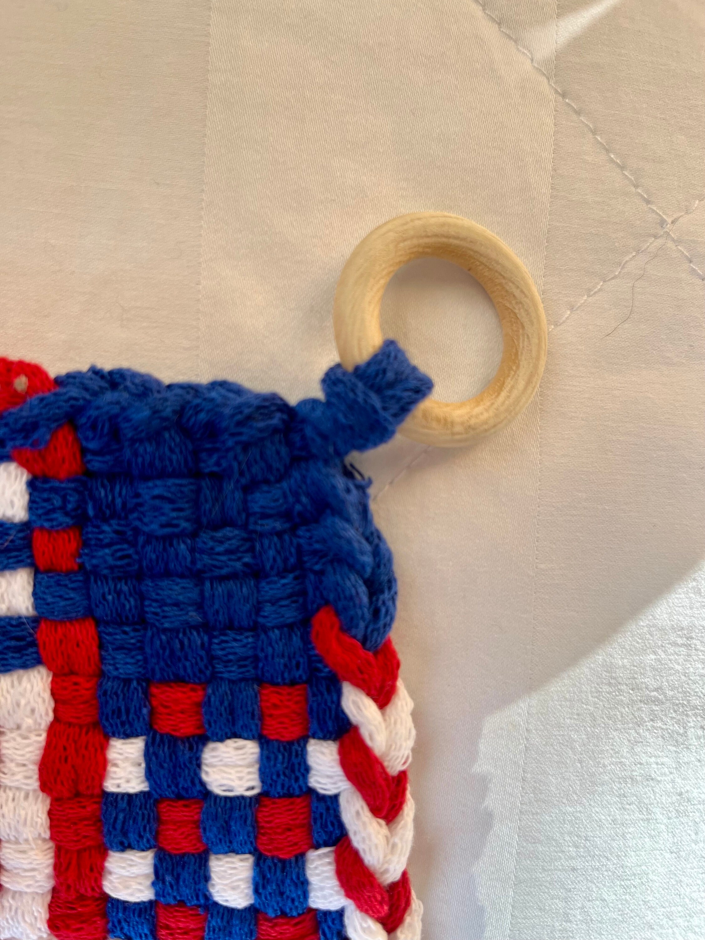 Thick Loom Potholder: Red, White & Blue Cotton Trivet With Wooden Ring ...