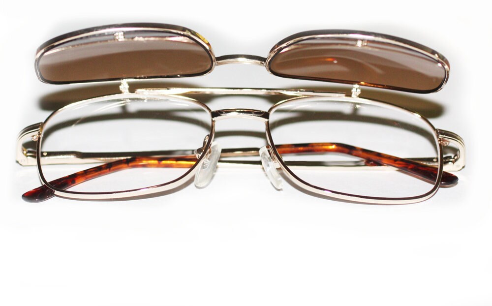 Flip up Reading Glasses Sunglasses Double Bridge Frame Black Gold ...