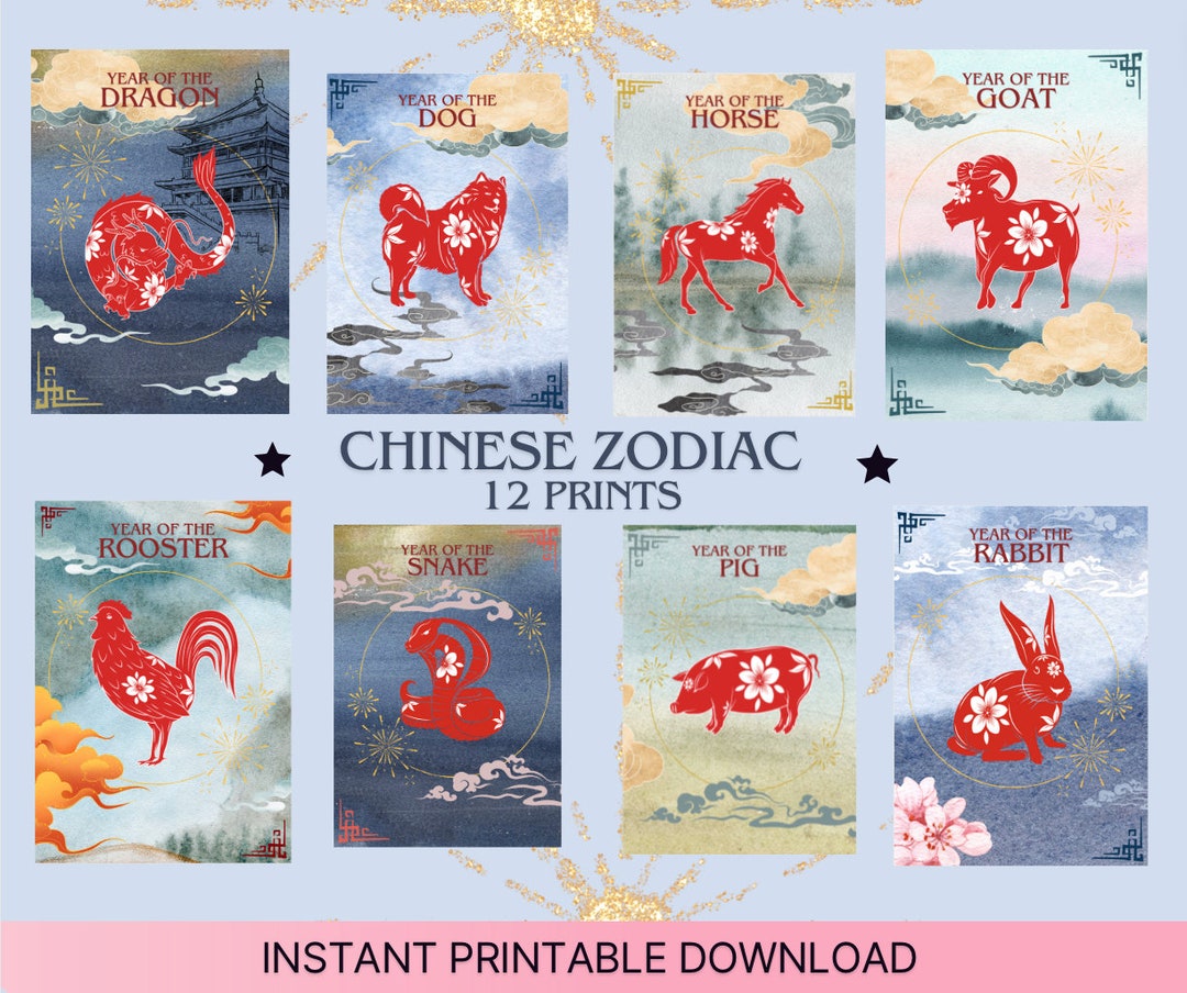 Chinese Zodiac Prints | 12 Posters | Shengxiao, Chinese Astrology ...
