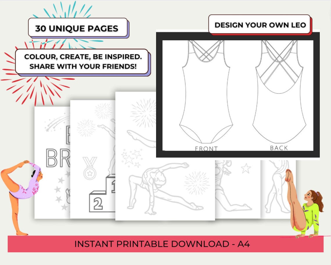 GYMNASTICS Colouring Book, Printable Download, Leotard Design, Sports ...
