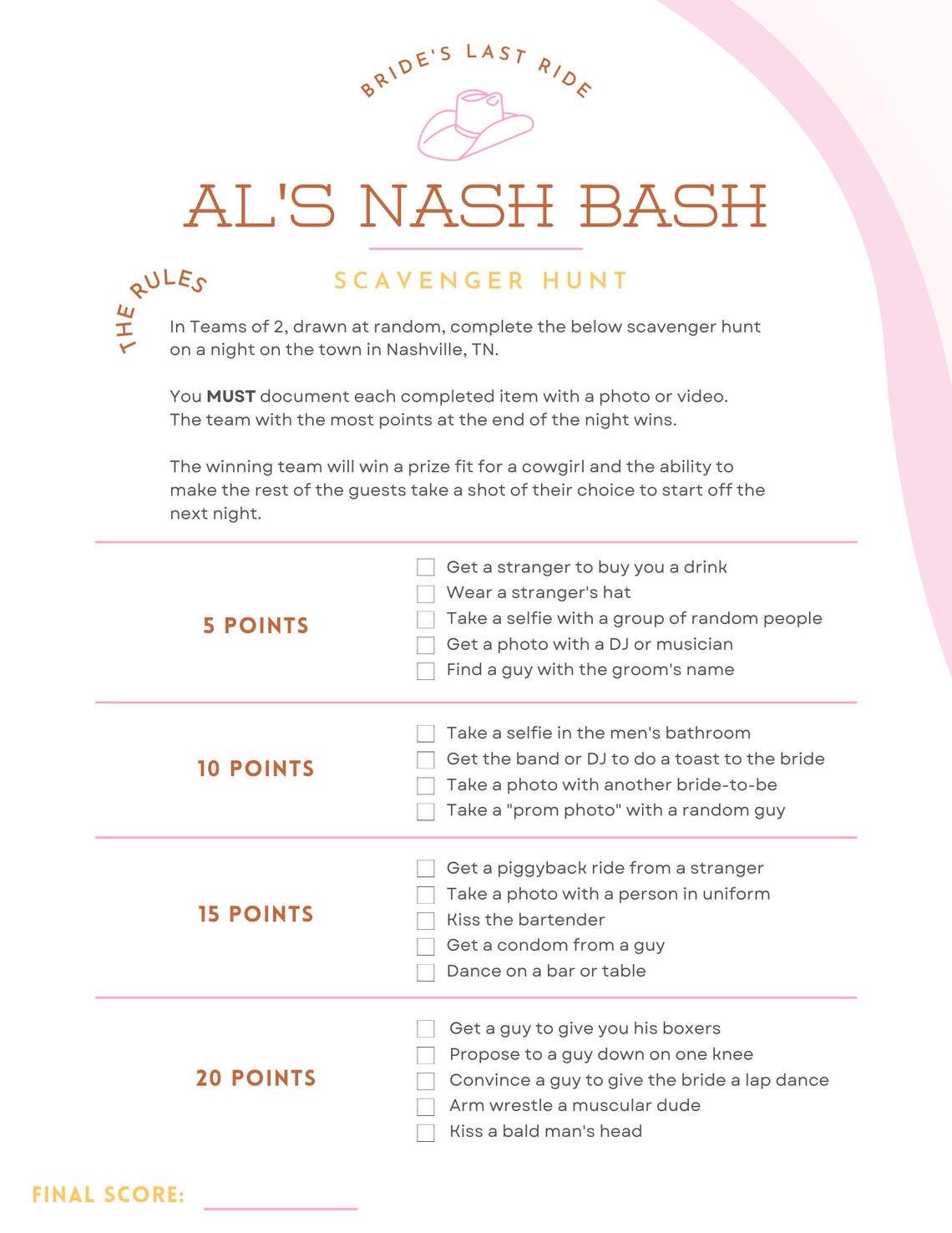 Nashville, Nash Bash, Bachelorette Custom Itinerary and Scavenger Hunt ...