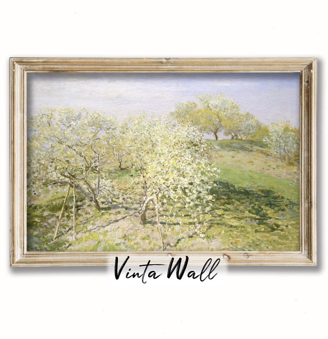 Soft Green Oil Painting Print Fruit Tree Cherry Peach Farmhouse Country ...