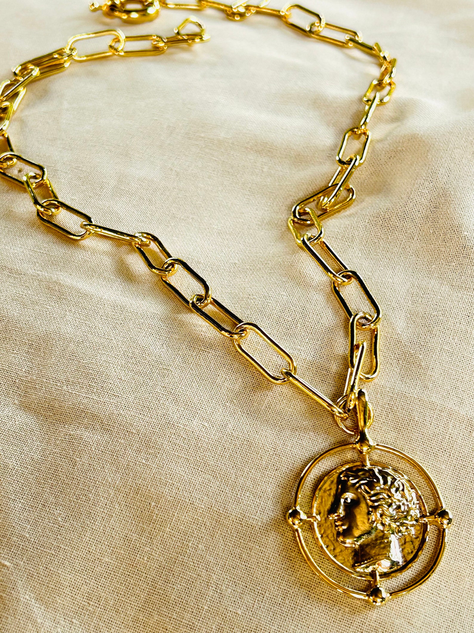 24K Gold Plated Paper Clip Chain Necklace Coin Pendant 22 - Etsy