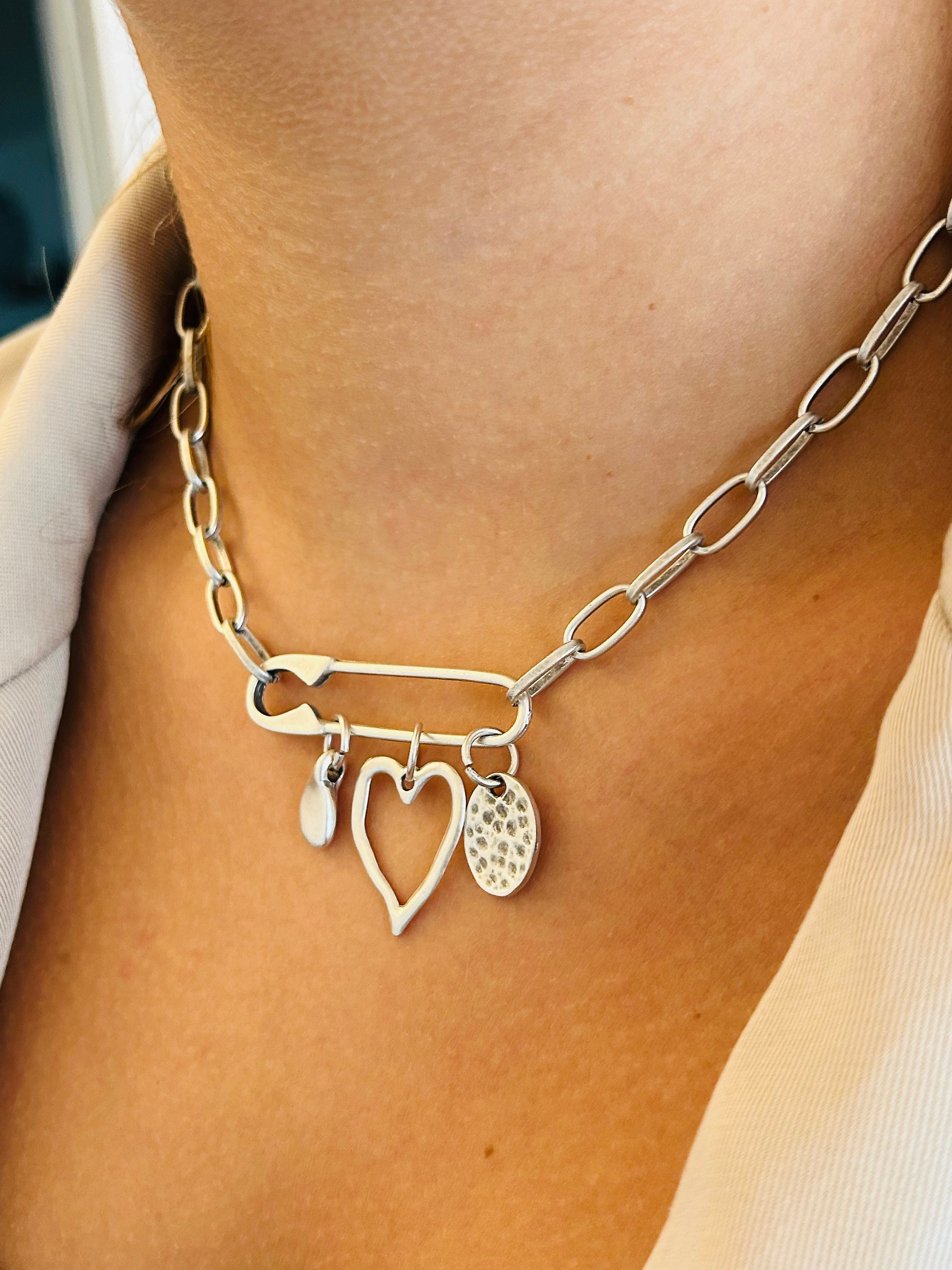 Safety Pin Connector Choker, Silver Plated Necklace, Safety Pin ...