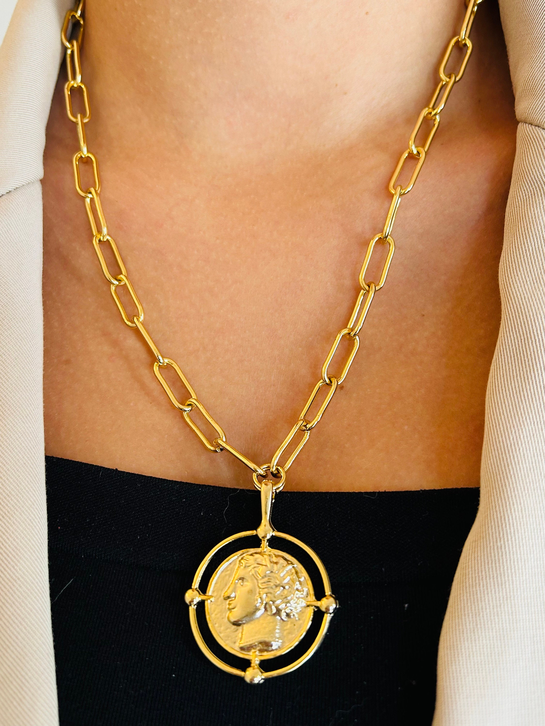 24K Gold Plated Paper Clip Chain Necklace Coin Pendant 22 - Etsy