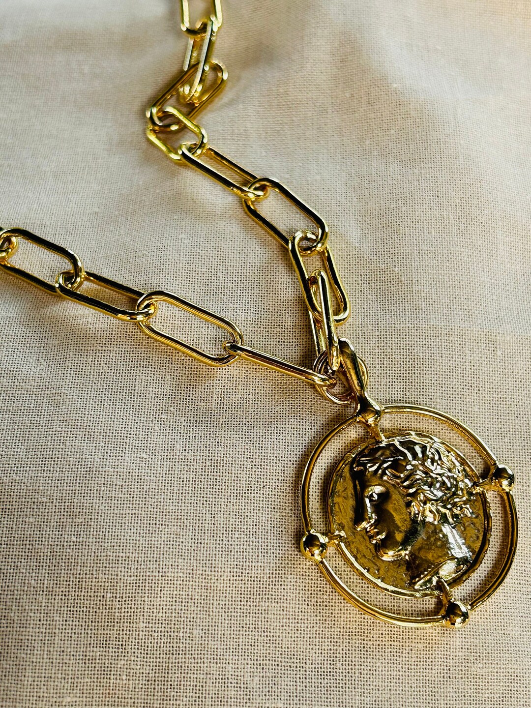 24K Gold Plated Paper Clip Chain Necklace Coin Pendant 22 - Etsy