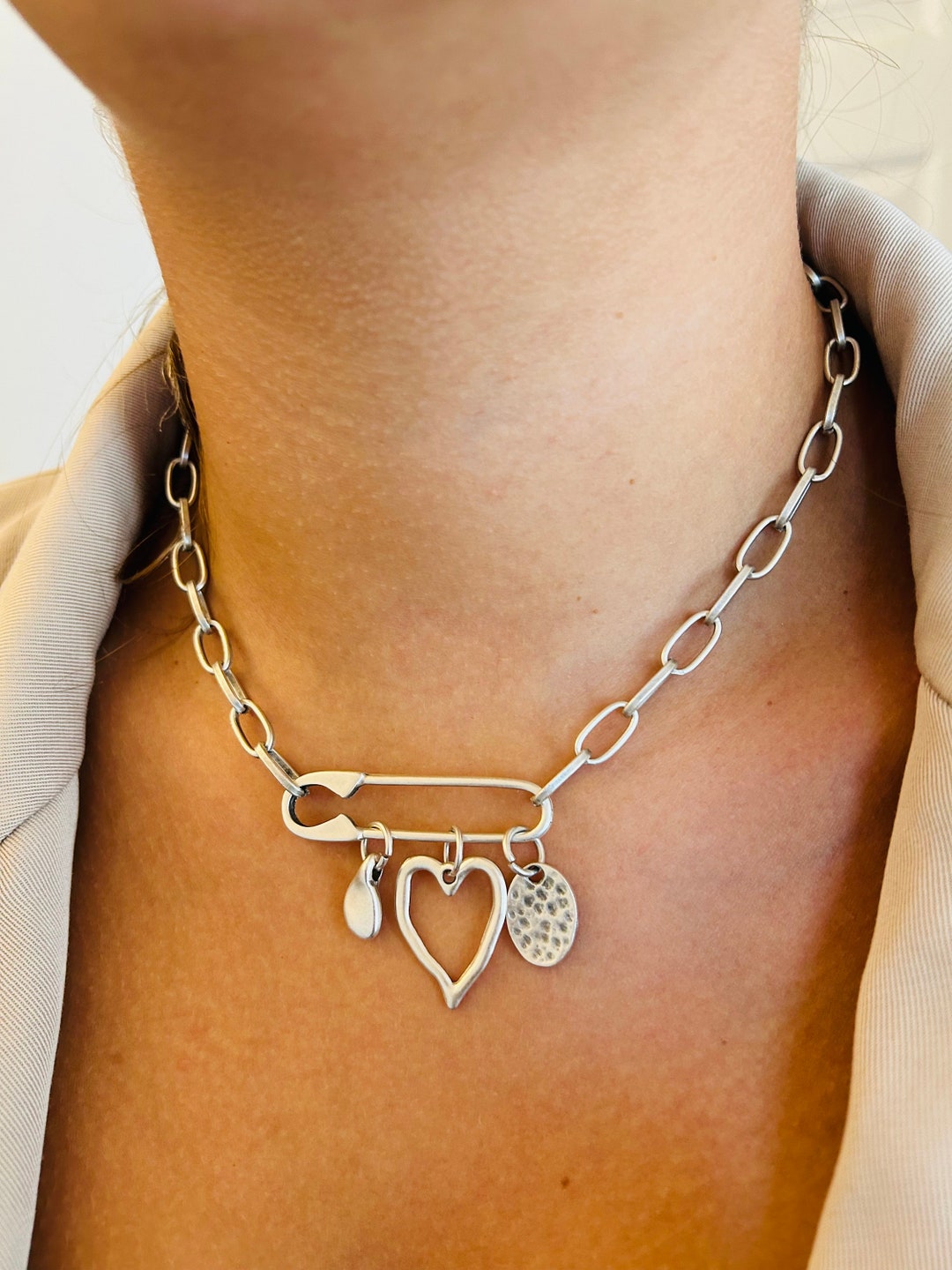 Safety Pin Connector Choker, Silver Plated Necklace, Safety Pin ...
