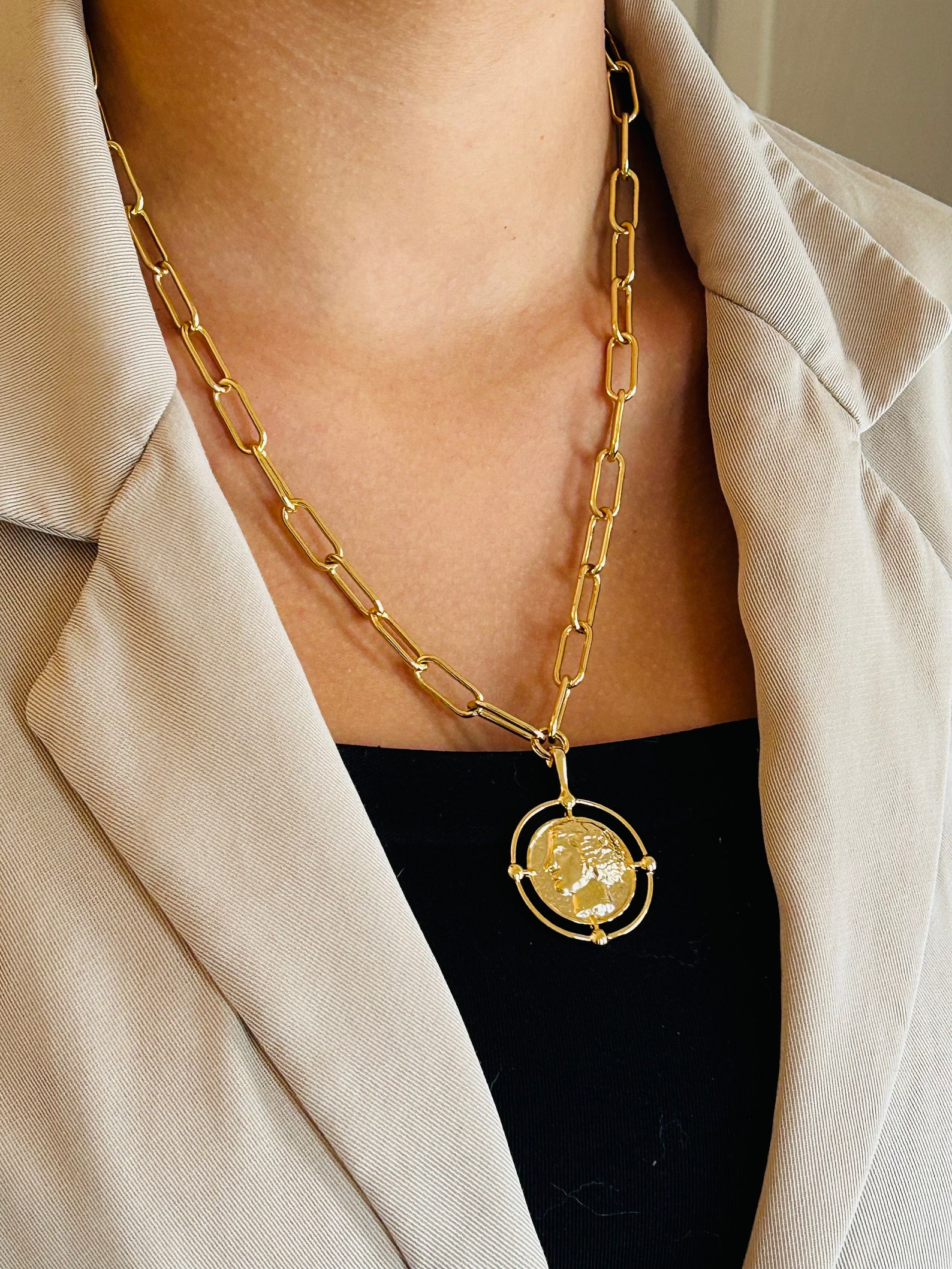 24K Gold Plated Paper Clip Chain Necklace Coin Pendant 22 - Etsy