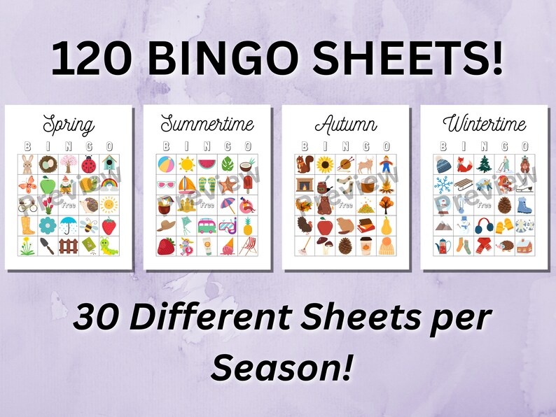 Seasonal Bingo, Spring Summer Fall Winter Bingo, 120 Printable Bingo ...